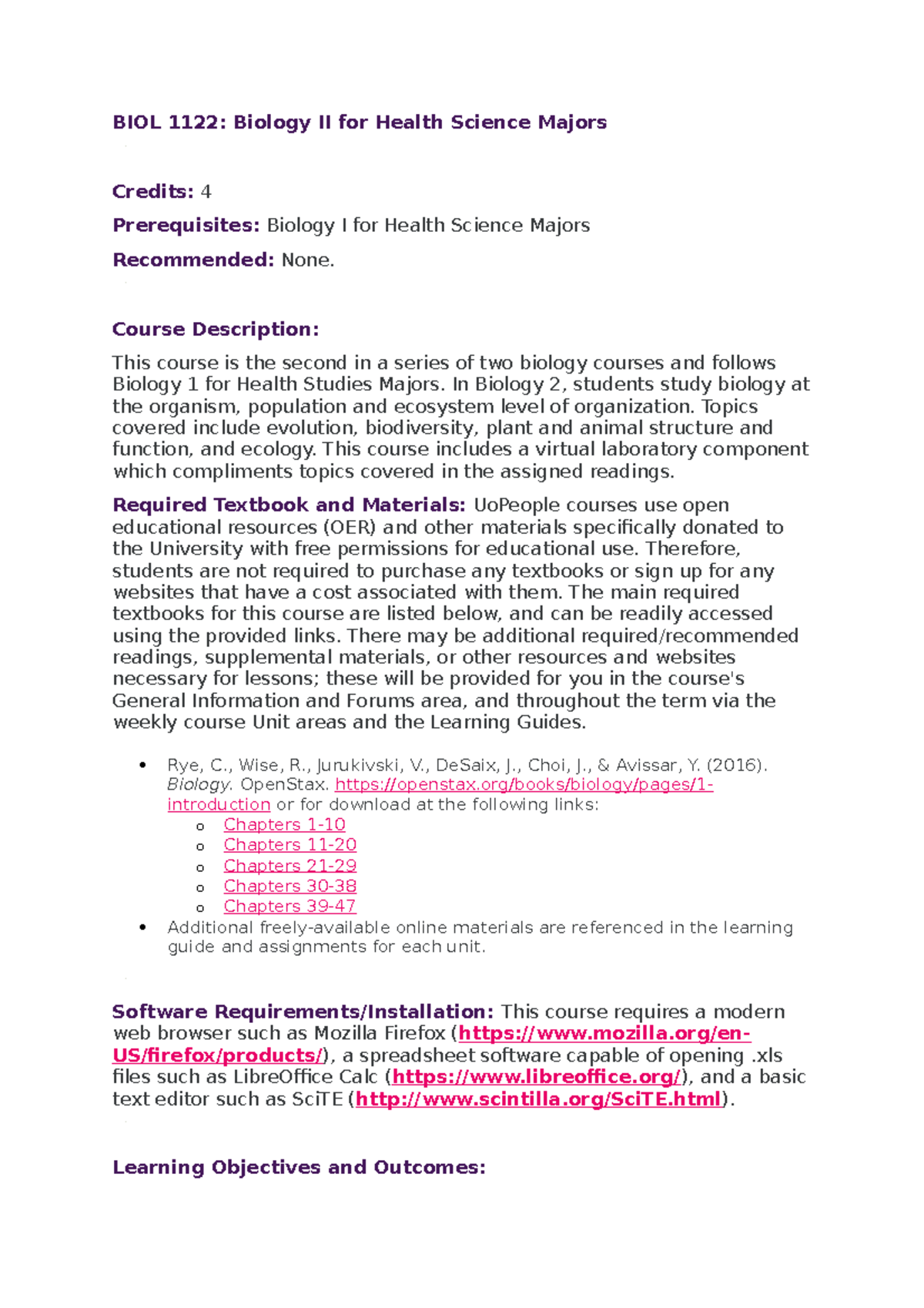 Syllabus BIOL 1122 - lecture - BIOL 1122: Biology II for Health Science ...