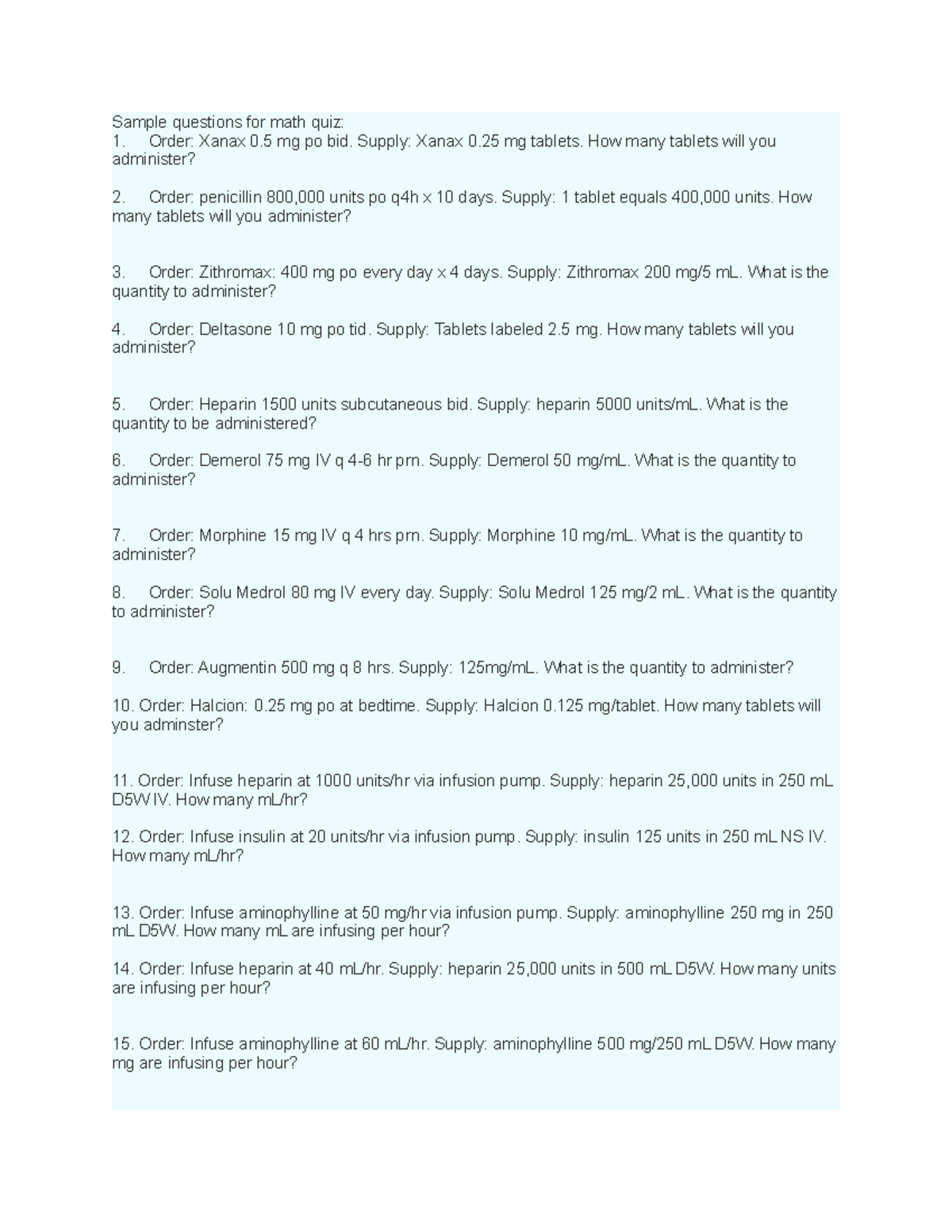 Sample questions for math quiz - Sample questions for math quiz: Order ...