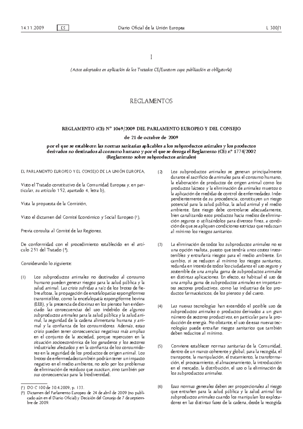 Reglamento (CE) n.o 1069:2009 subproductos animales - Diario Oficial de la Unión Europea L 300 ...