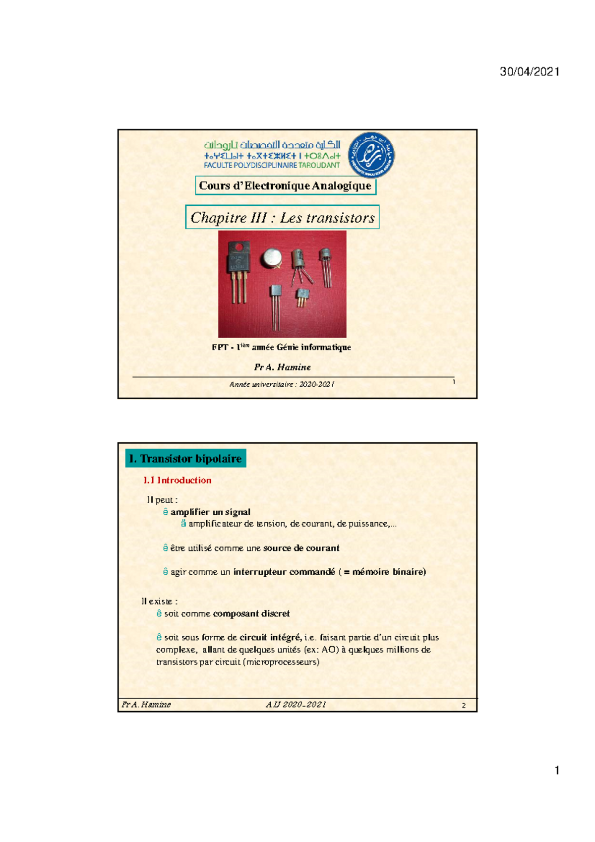 Chapitre III Les transistors Pr A - Copie - Cours d’Electronique ...