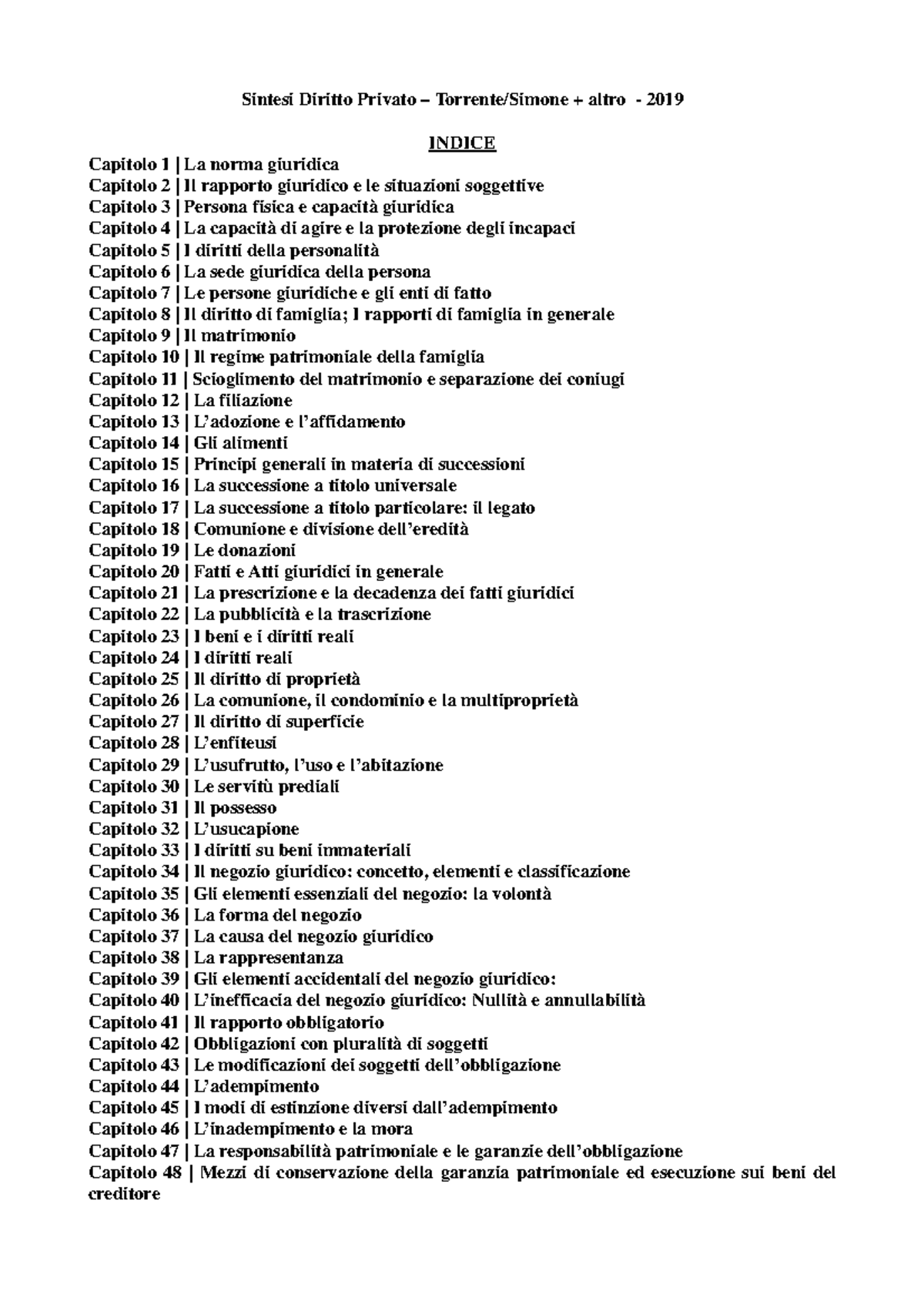Sintesi diritto privato (Torrente) - 2019 - INDICE Capitolo 1 | La ...