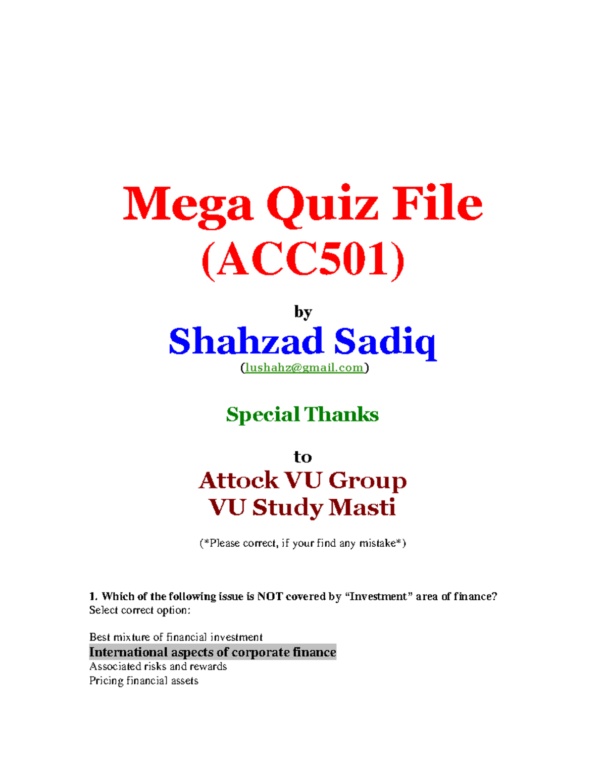 ACC 501 - Mega Quiz File by Shahzad Sadiq (Virtualustaad - Mega Quiz ...