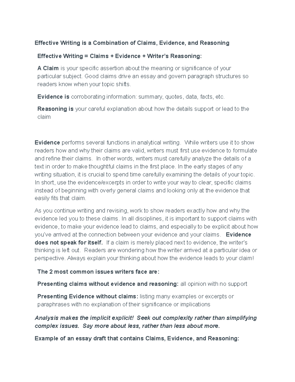 Revising Drafts Claims, Evidence, and Reasoning - Effective Writing is ...