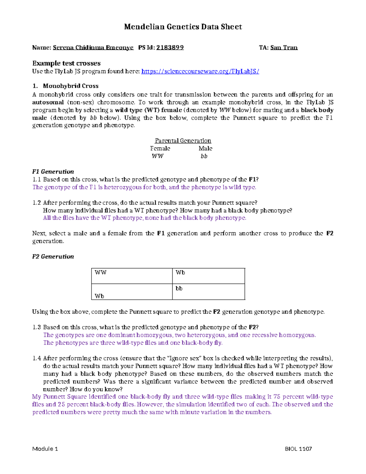 Mod1 Data Sheet Mendelian Genetics 1 - Name: Serena Chidinma Emeonye PS ...