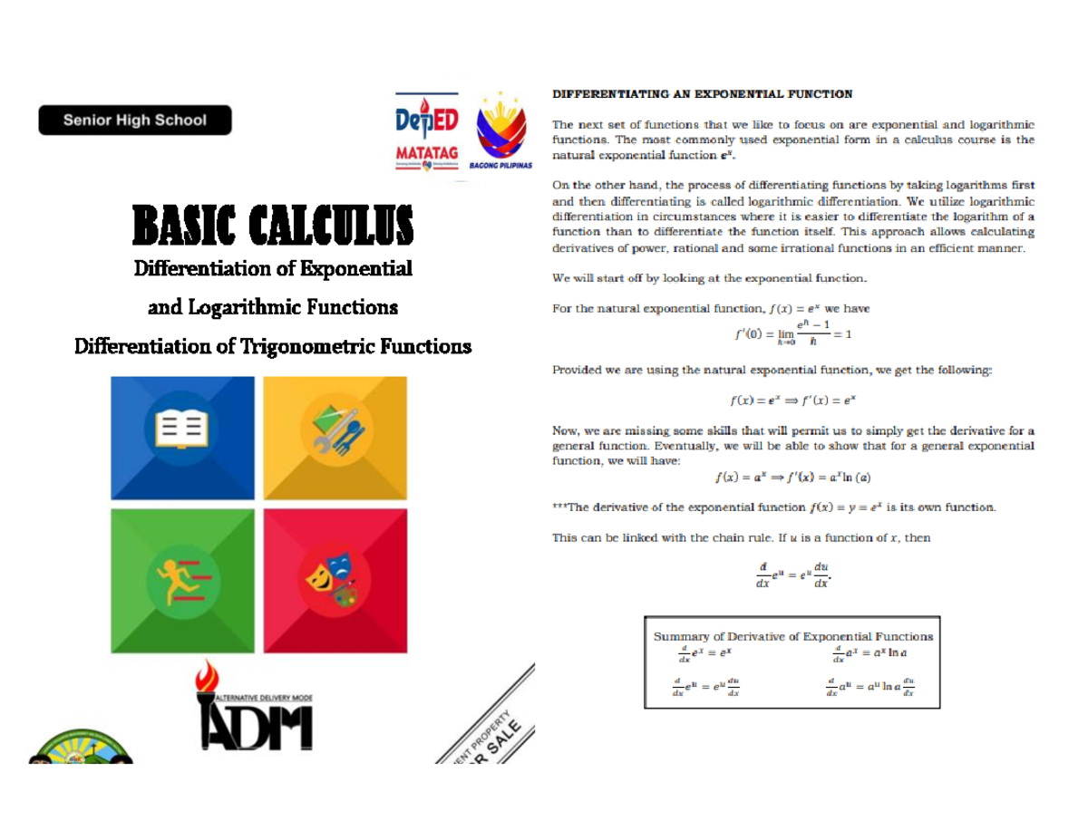 Q4 Basic Calculus WEEK 3 ADM - Assessment of Learning 2 - Differentiation of Exponential and ...