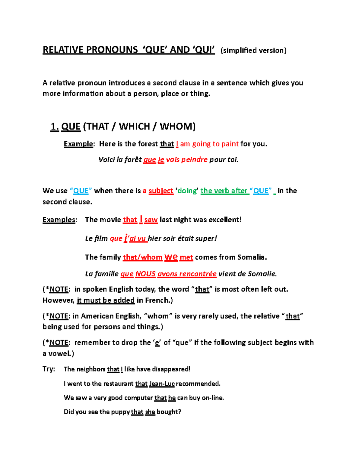2017 Qui Que Ou Study Sheet RELATIVE PRONOUNS QUE AND QUI
