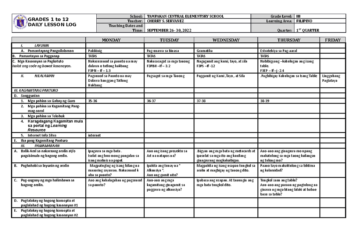 DLL Filipino-3 Q1 W6 - STUDY - GRADES 1 to 12 DAILY LESSON LOG School ...