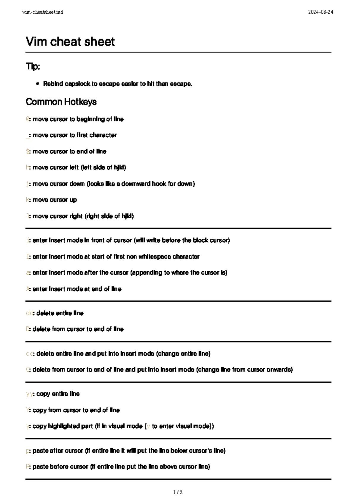 Vim-cheatsheet - vim cheatsheet - vim-cheatsheet 2024-08- 1 / 2 Vim cheat sheet Tip: Rebind ...