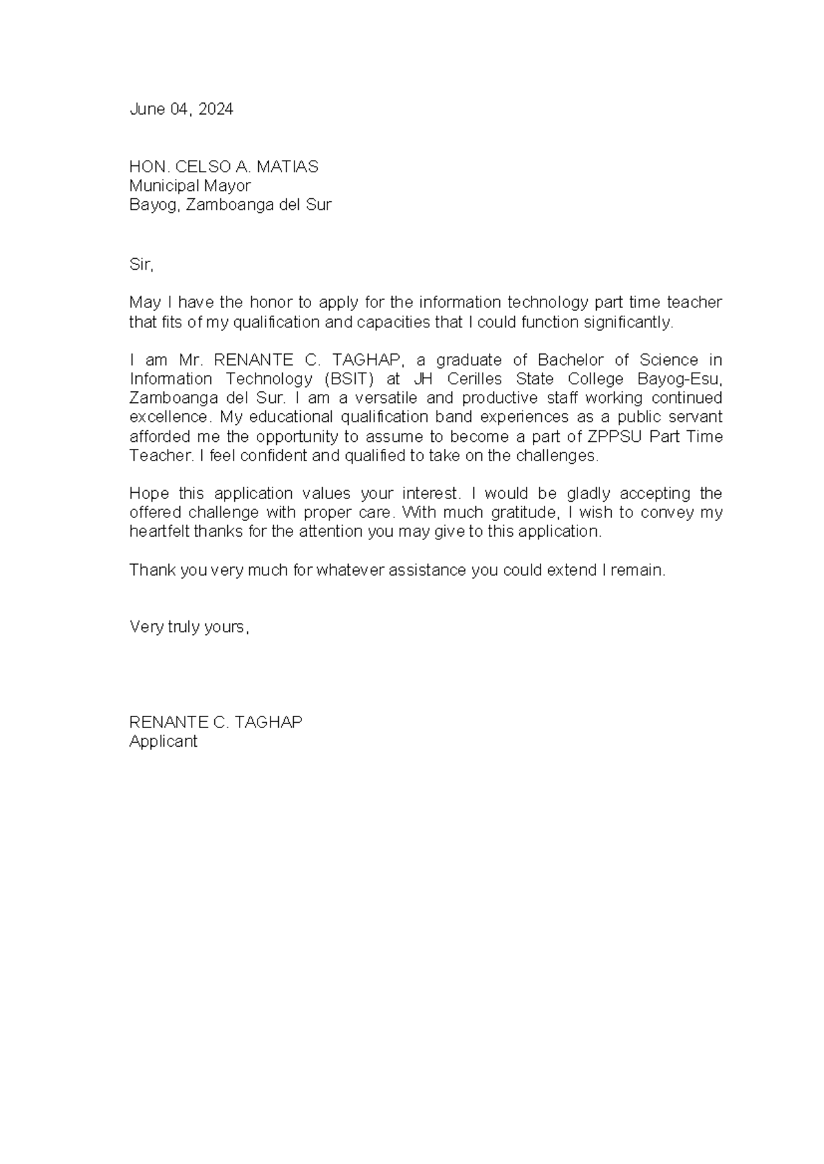 Application-Letter - i want to learn more - June 04, 2024 HON. CELSO A ...