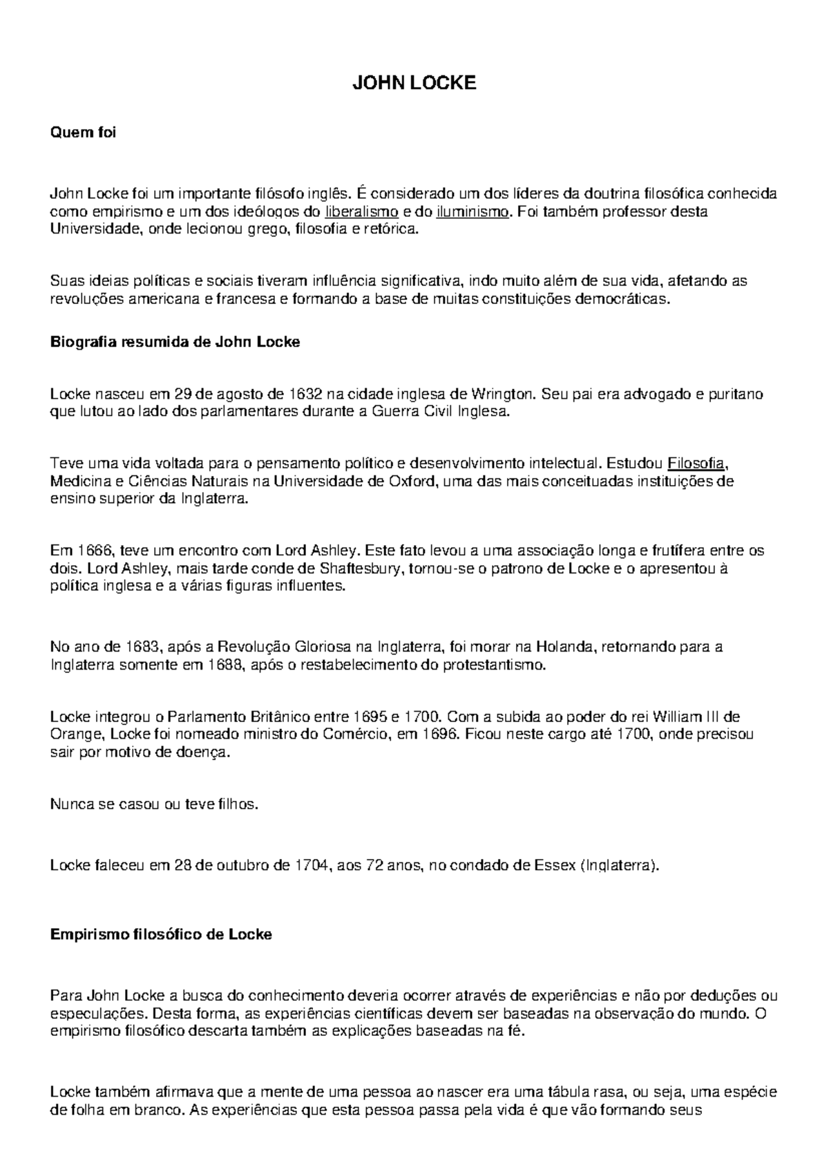 JOHN Locke - JOHN LOCKE Quem foi John Locke foi um importante filósofo ...