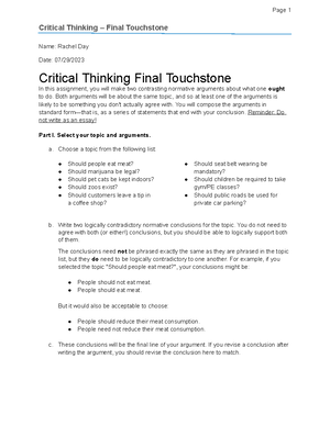Critical Thinking Touchstone 4 - Critical Thinking – Final Touchstone Name: Date: 4/25/ Critical ...