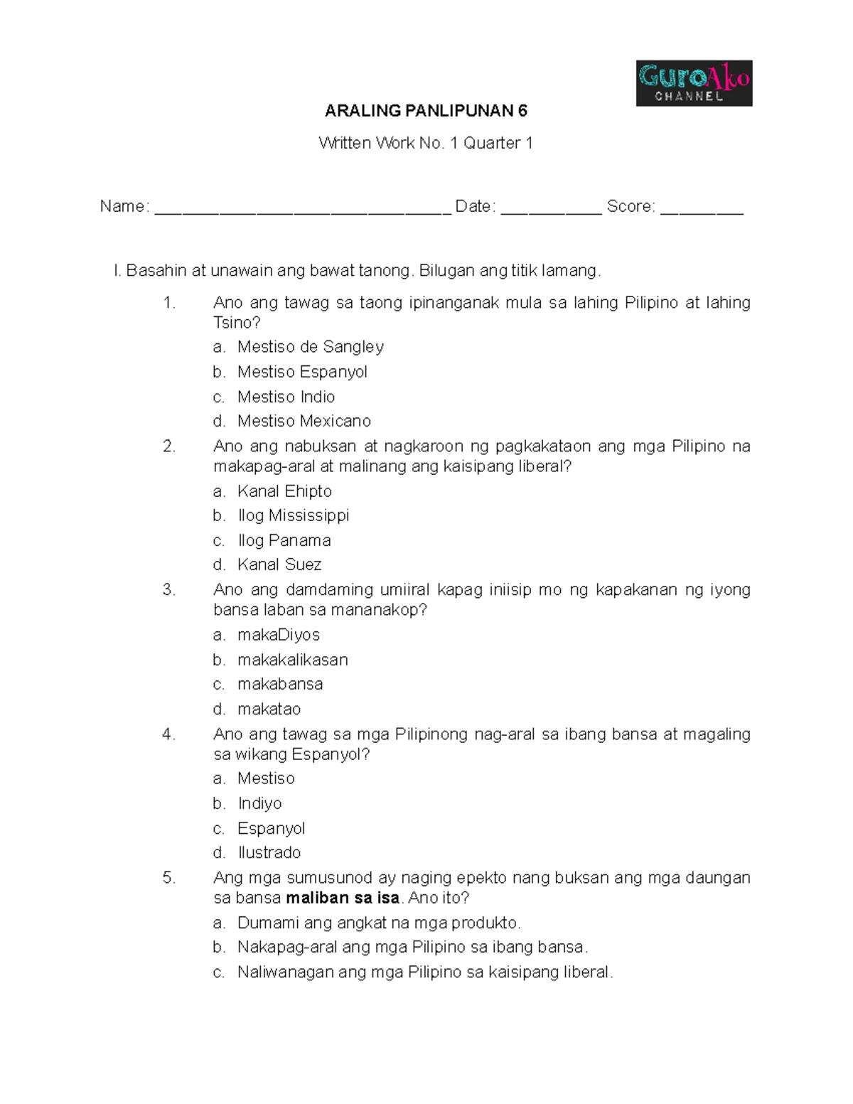 Araling Panlipunan 6 ST - ARALING PANLIPUNAN 6 Written Work No. 1 ...