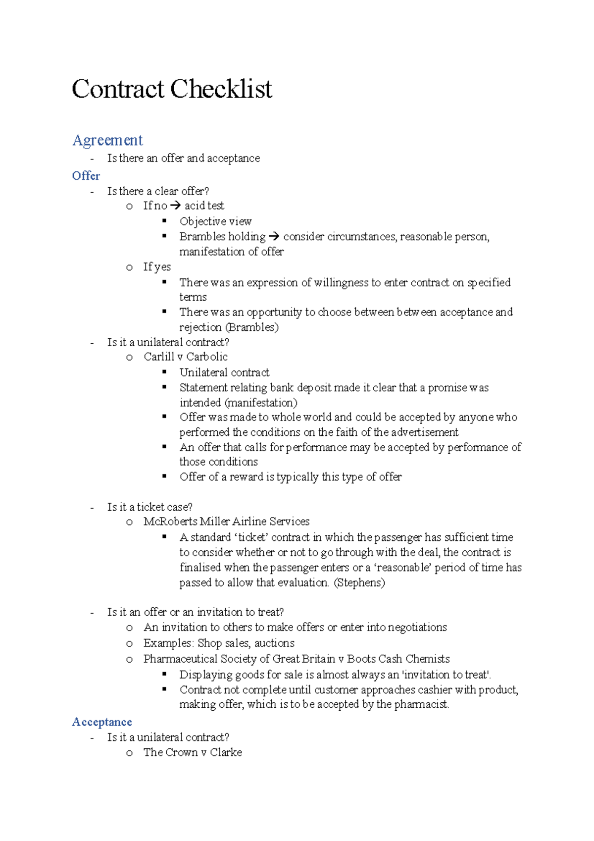 Contracts Checklist - Contract Checklist Agreement Is there an offer ...