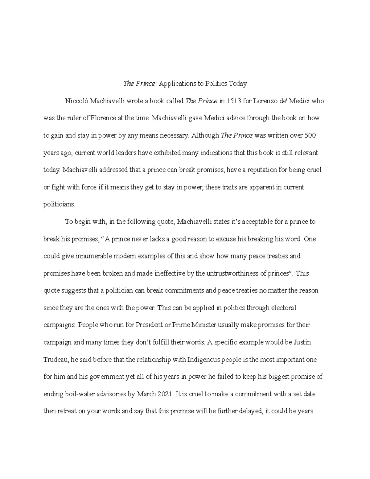 Machiavelli Essay - The Prince: Applications to Politics Today Niccolò ...