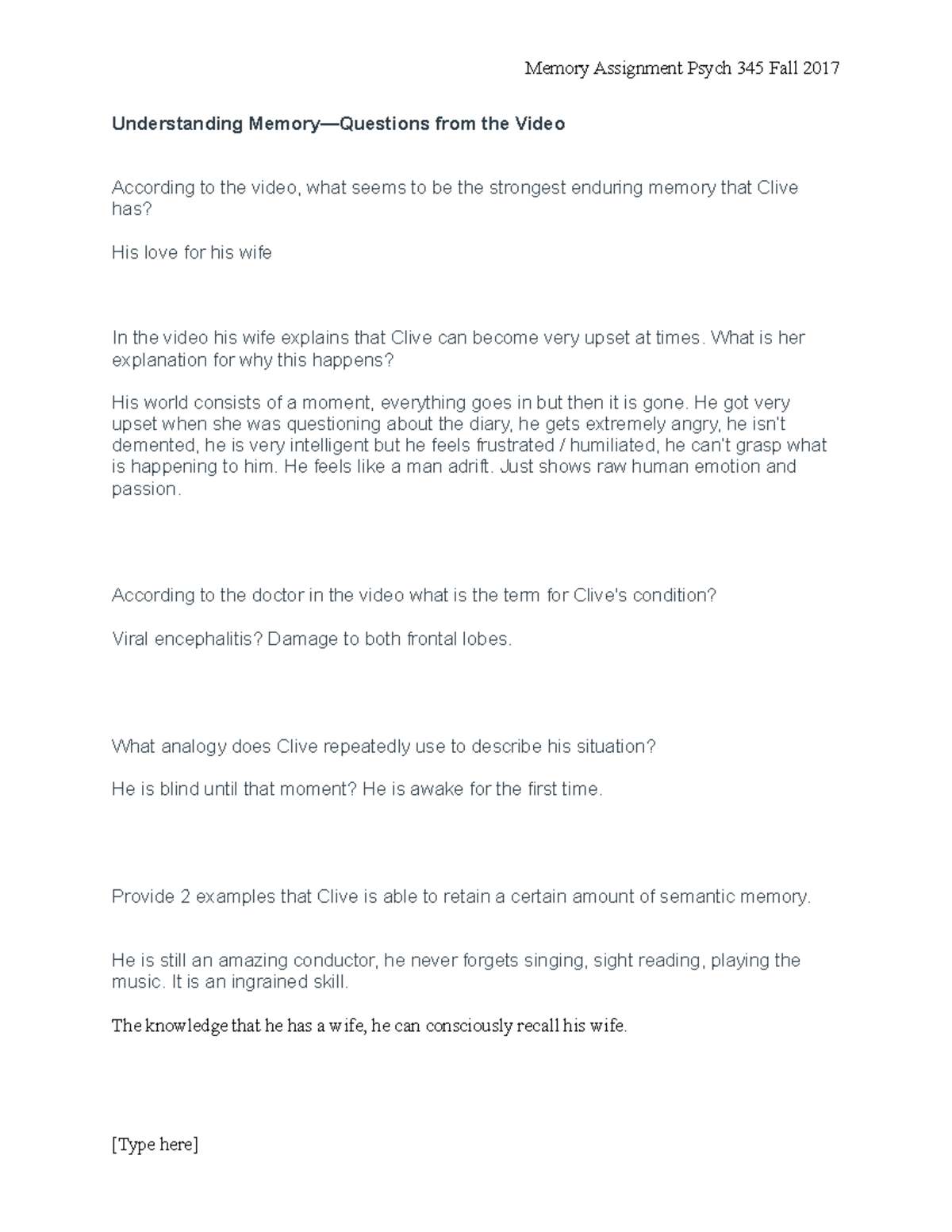 Understanding Memory Questions - Memory Assignment Psych 345 Fall 2017 ...