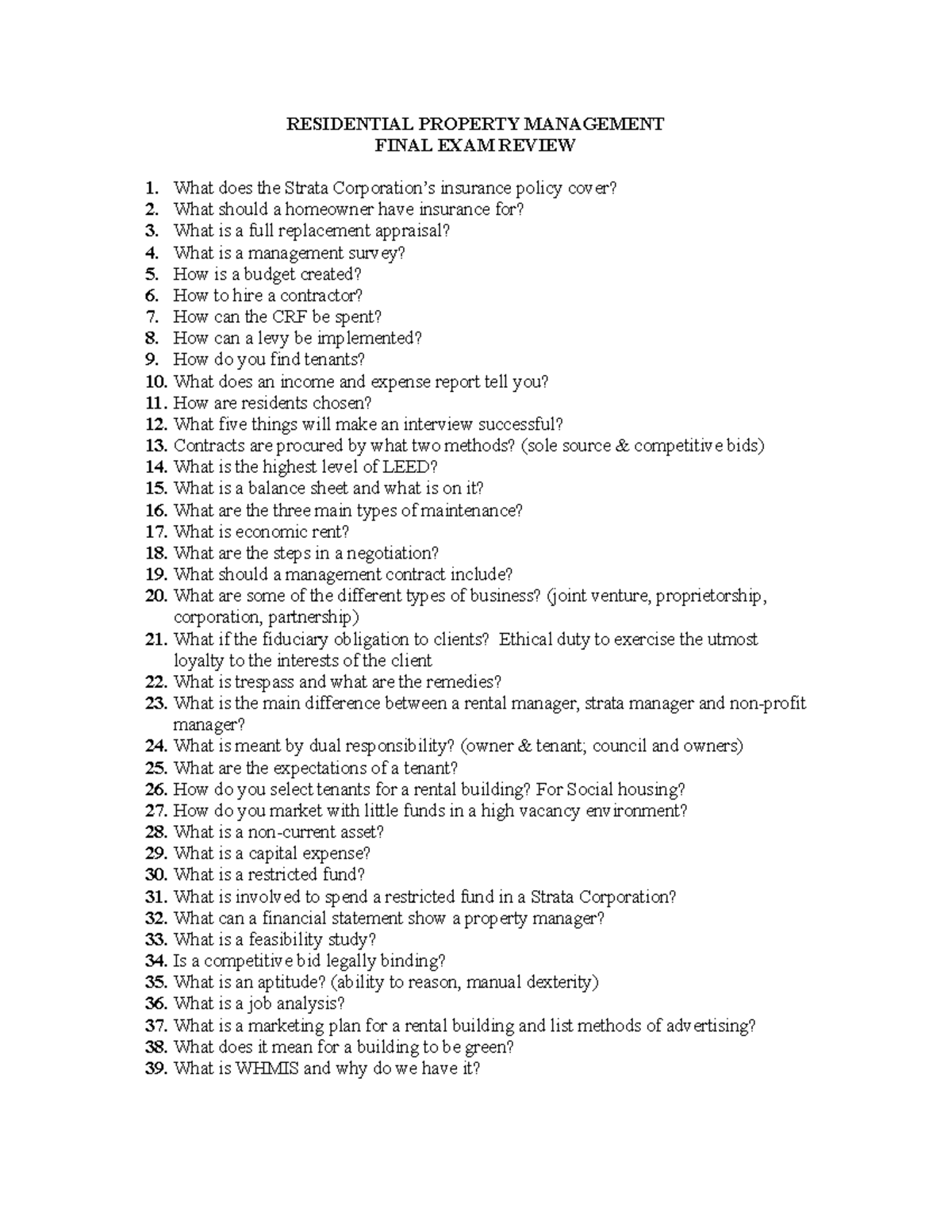 Final Exam review questions - RESIDENTIAL PROPERTY MANAGEMENT FINAL ...