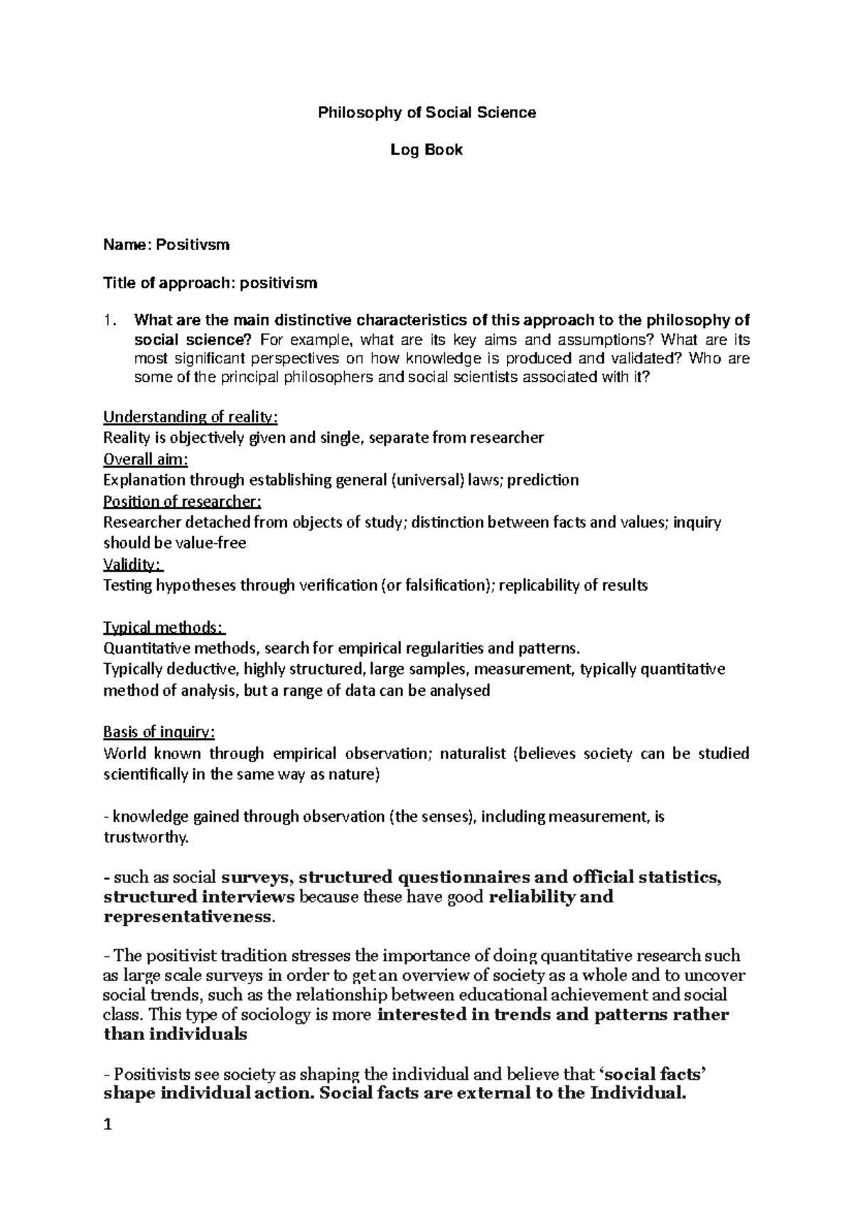 PSS Log Book - 2020 - Positivsm - Philosophy of Social Science Log Book ...