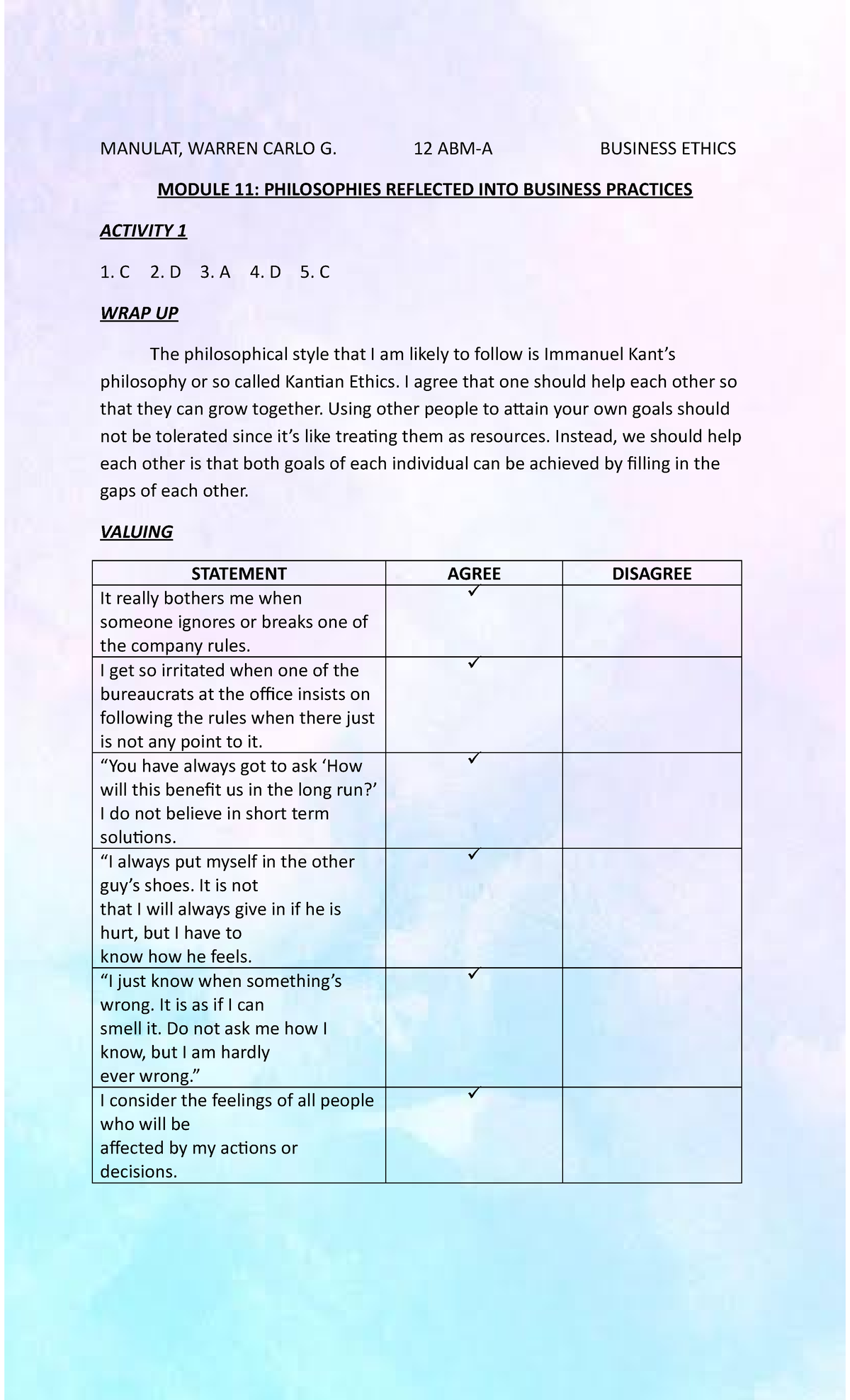 Ethics 11 business ethics part 1 grade 12 - MANULAT, WARREN CARLO G. 12 ...