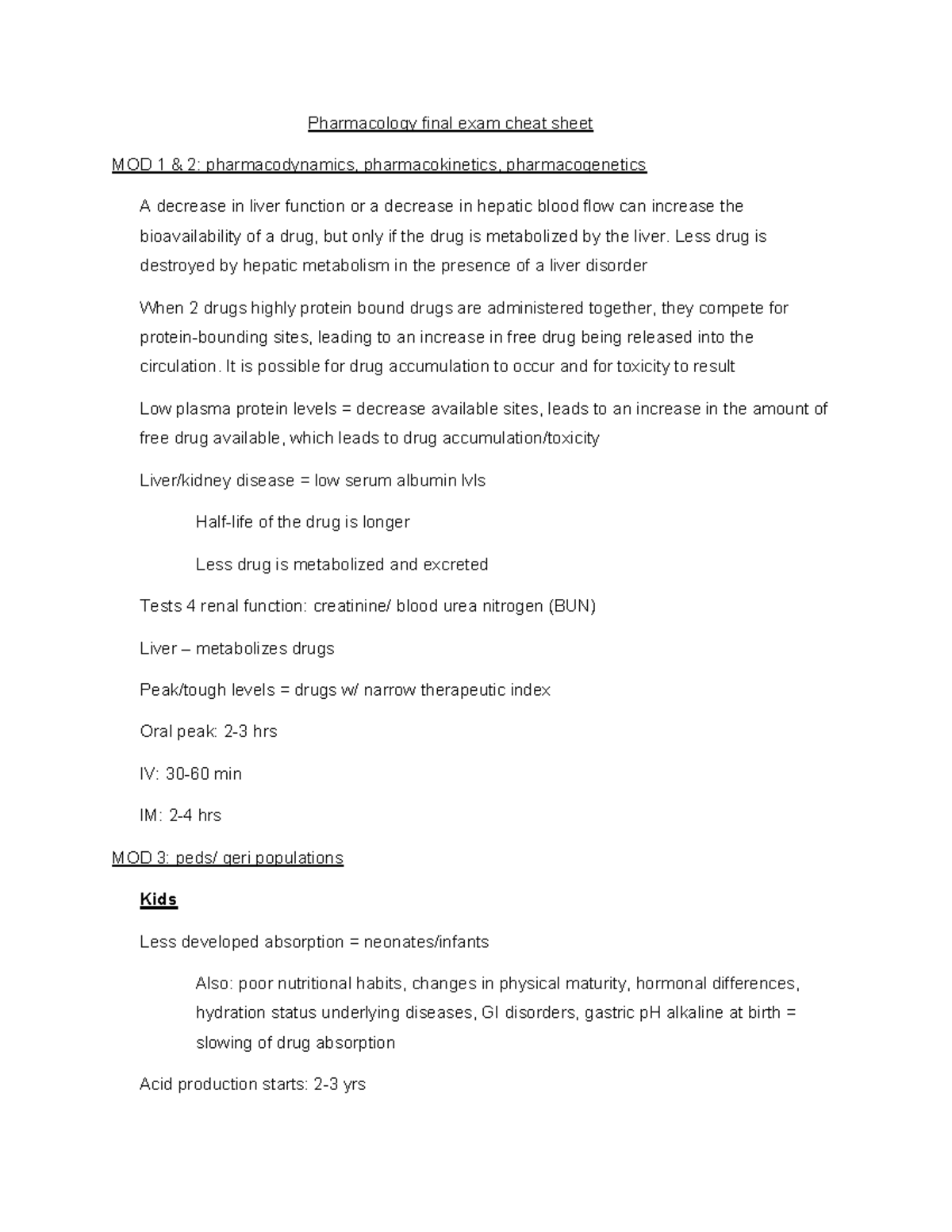 Pharm final exam study guide - Pharmacology final exam cheat sheet MOD 1 & 2: pharmacodynamics ...