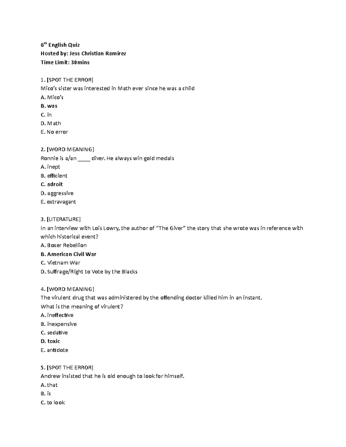 6Th-English-Quiz - Let Reviwer/Exam - 6 th English Quiz Hosted by: Jess ...