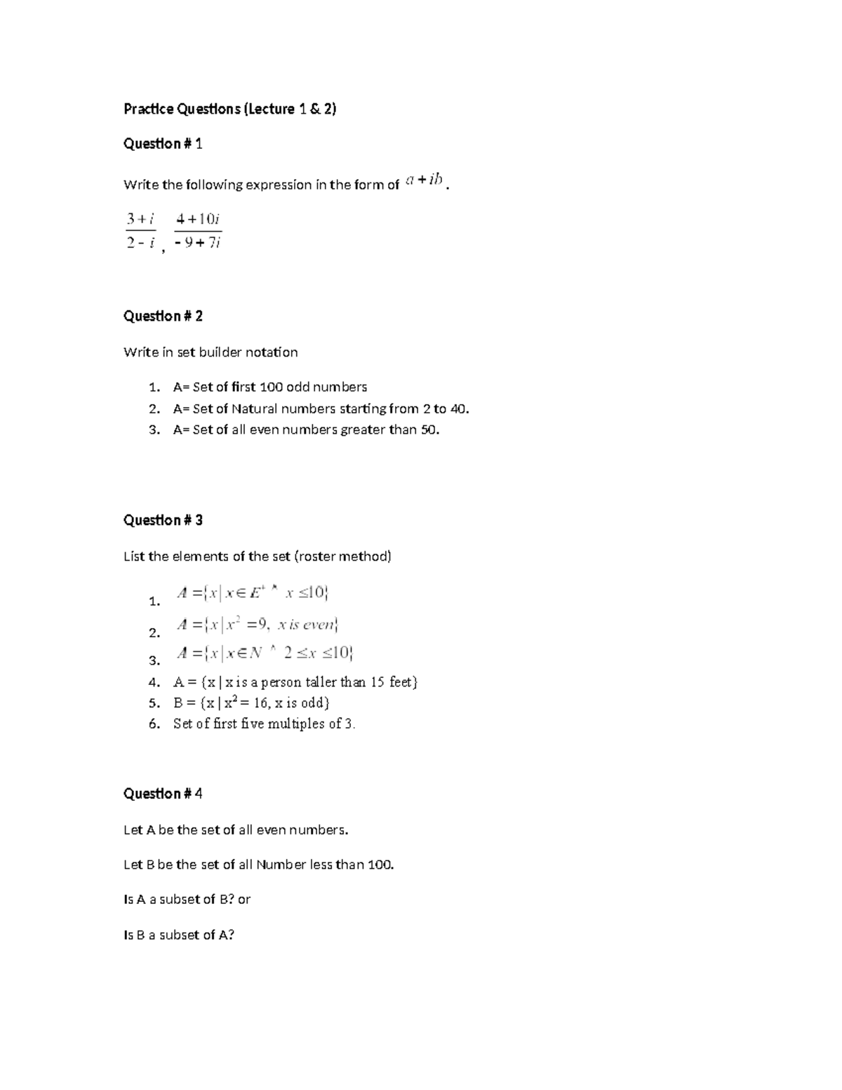 MTH 100 PRACTICE materialQUESTIONS - Practice Questions (Lecture 1 & 2 ...