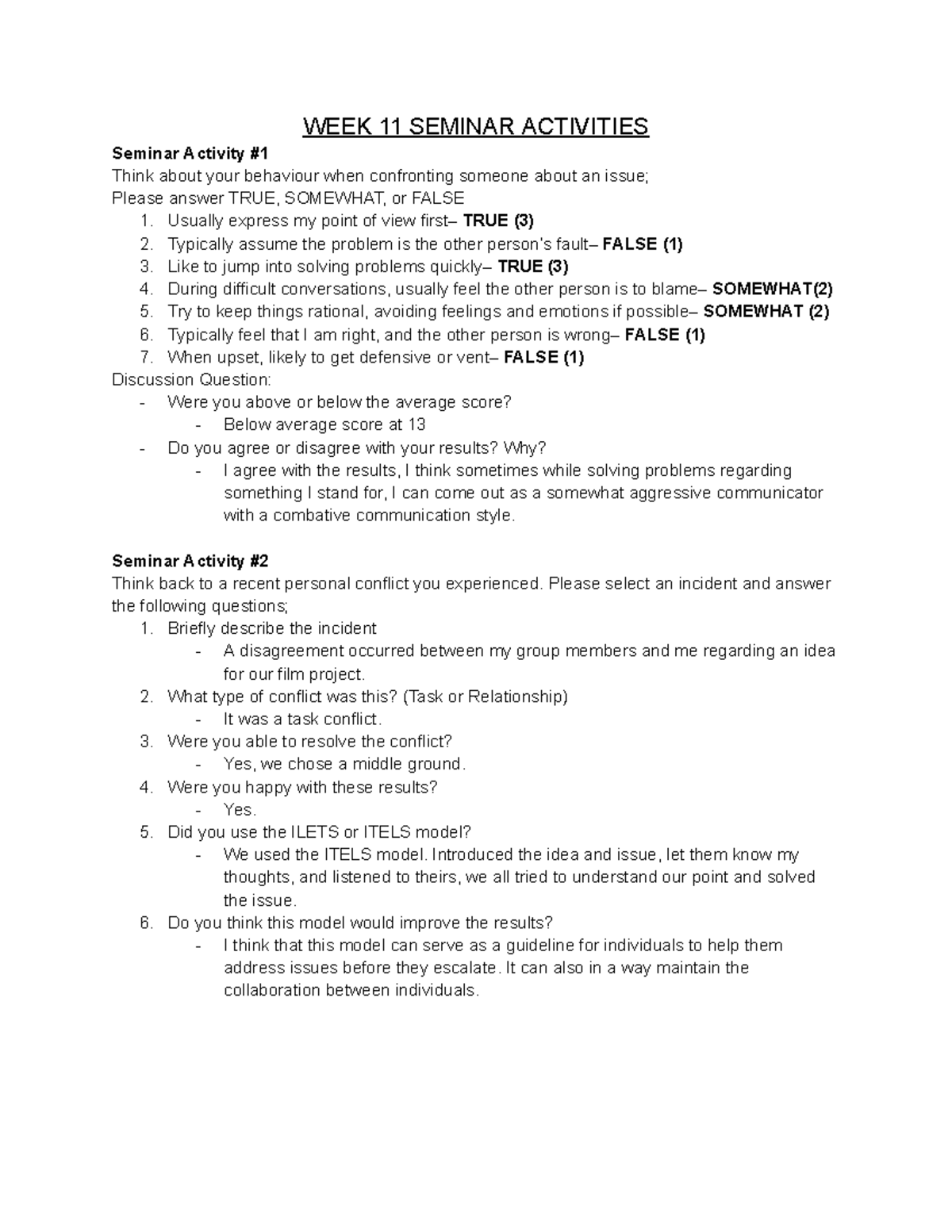 ADMN-2010H W11 SEM - WEEK 11 SEMINAR ACTIVITIES Seminar Activity Think ...