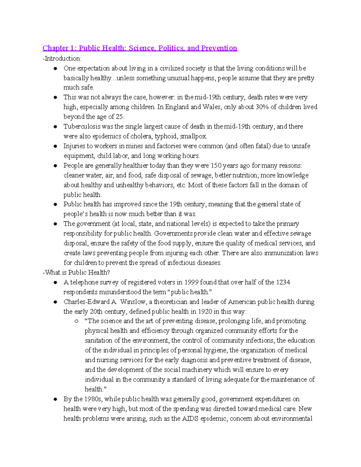 Chapter 1 Textbook Notes - Chapter 1: Public Health: Science, Politics ...