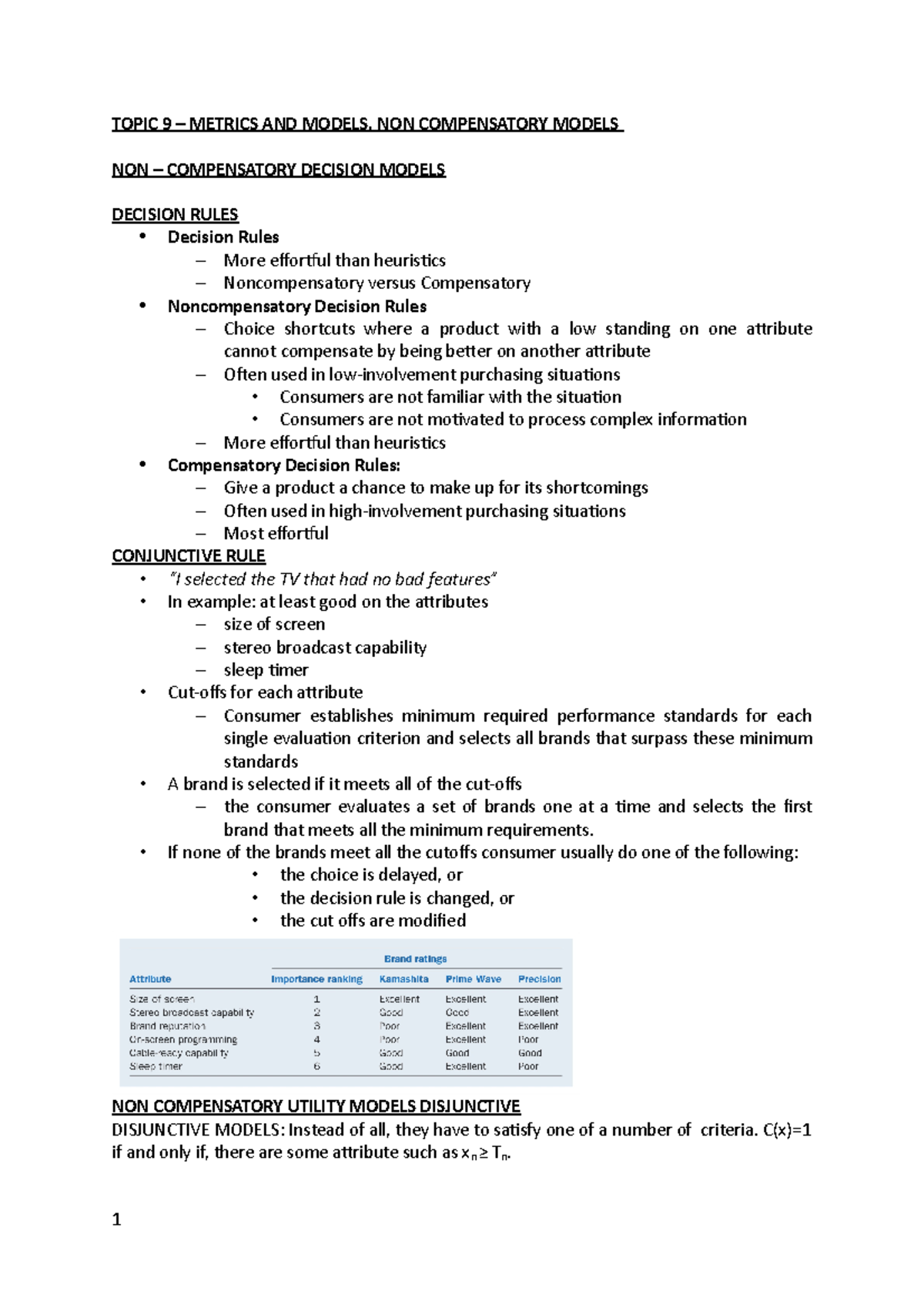 Topic 9 - marketing - TOPIC 9 – METRICS AND MODELS. NON COMPENSATORY ...