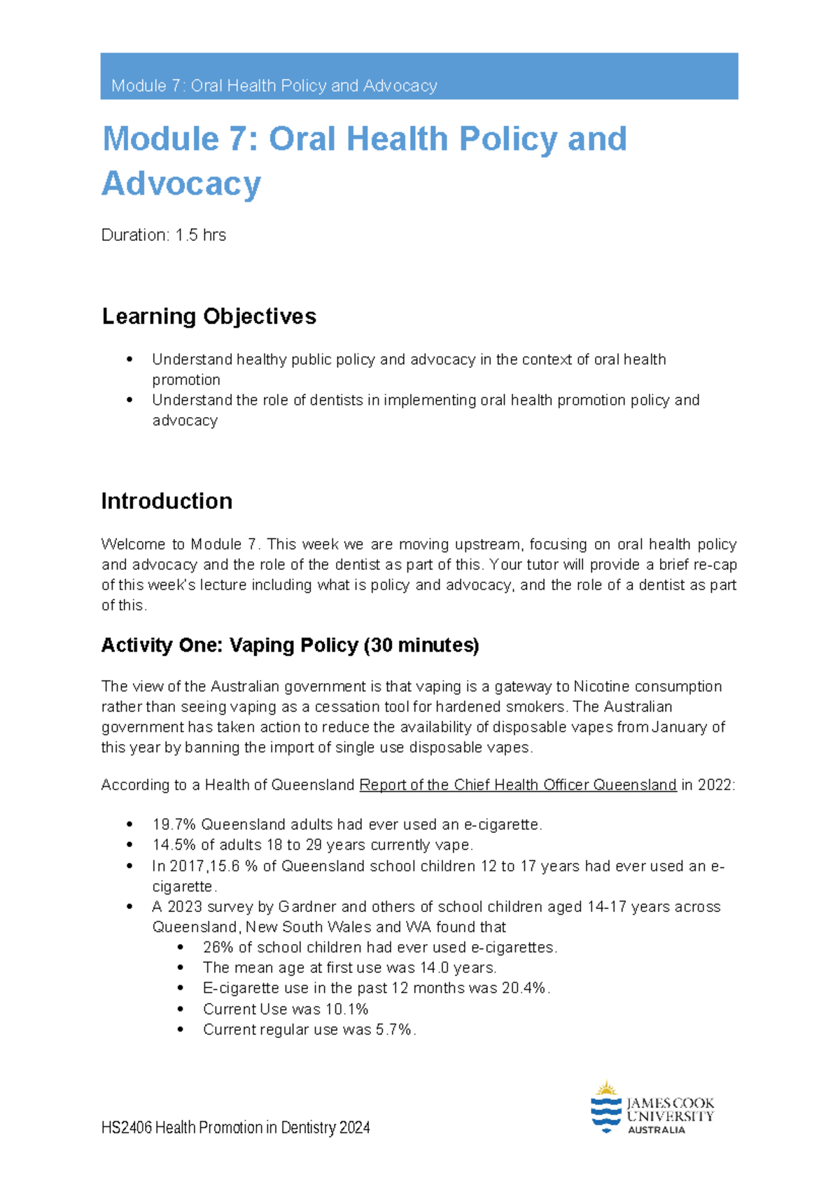 Module 7 - Tutorial Workbook - Module 7: Oral Health Policy and ...