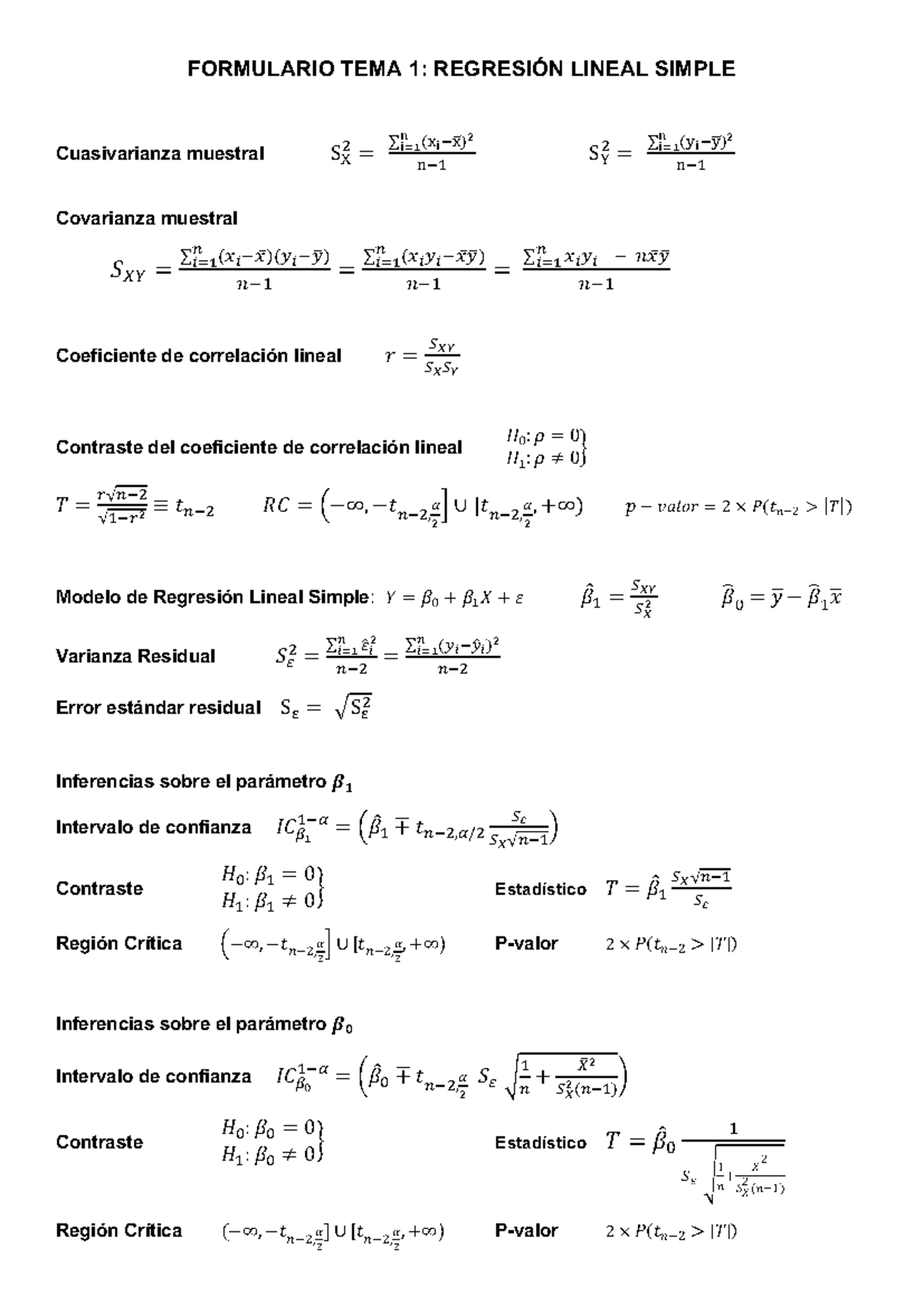 Formulario TEMA 1 Regresión Lineal Simple - FORMULARIO TEMA 1: REGRESIÓN LINEAL SIMPLE - Studocu