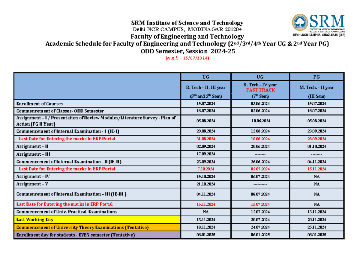 Final -Academic Schedule(E&T) ODD Sem - SRM Institute of Science and ...