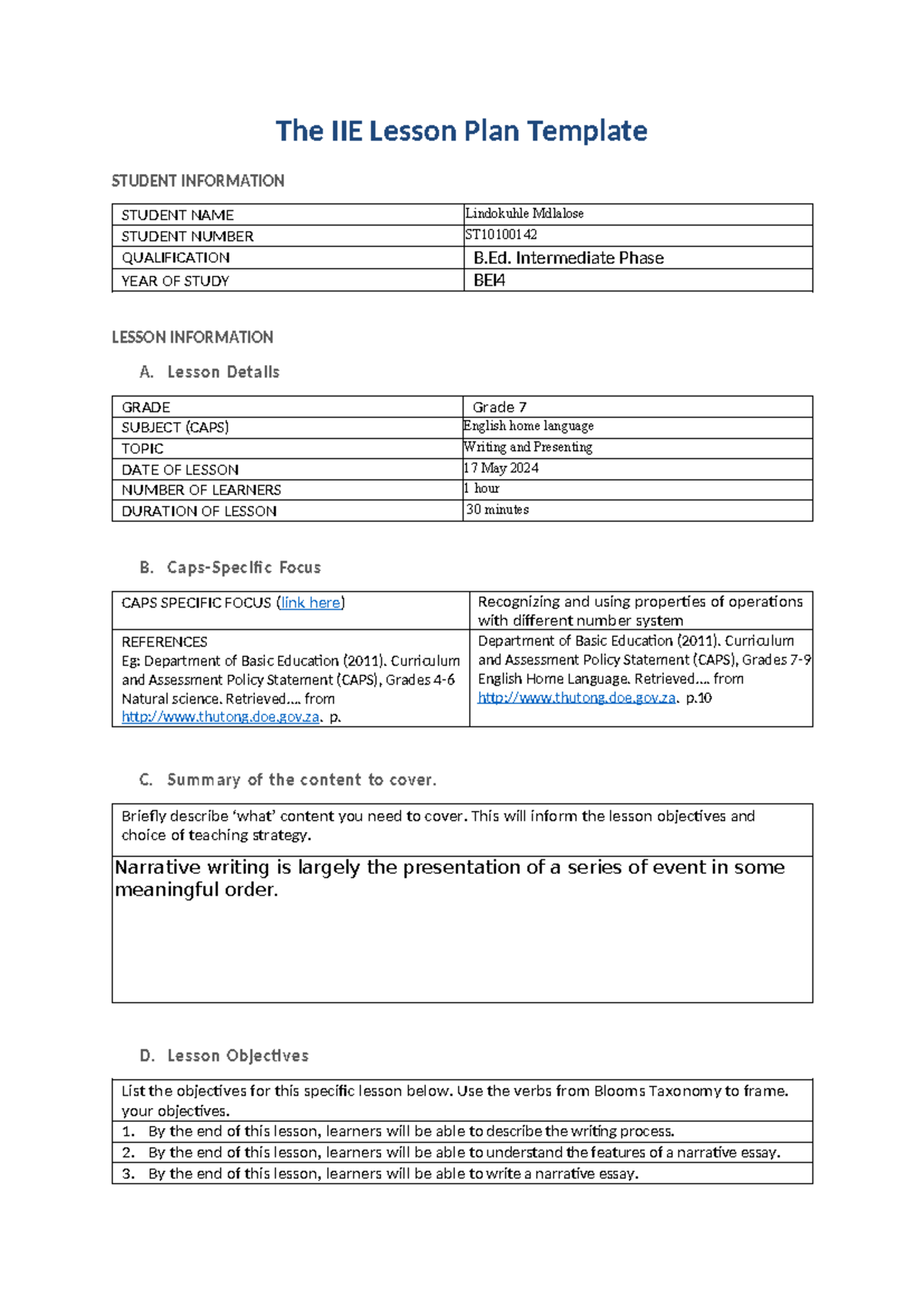 English Lesson plan 3 - The IIE Lesson Plan Template STUDENT ...