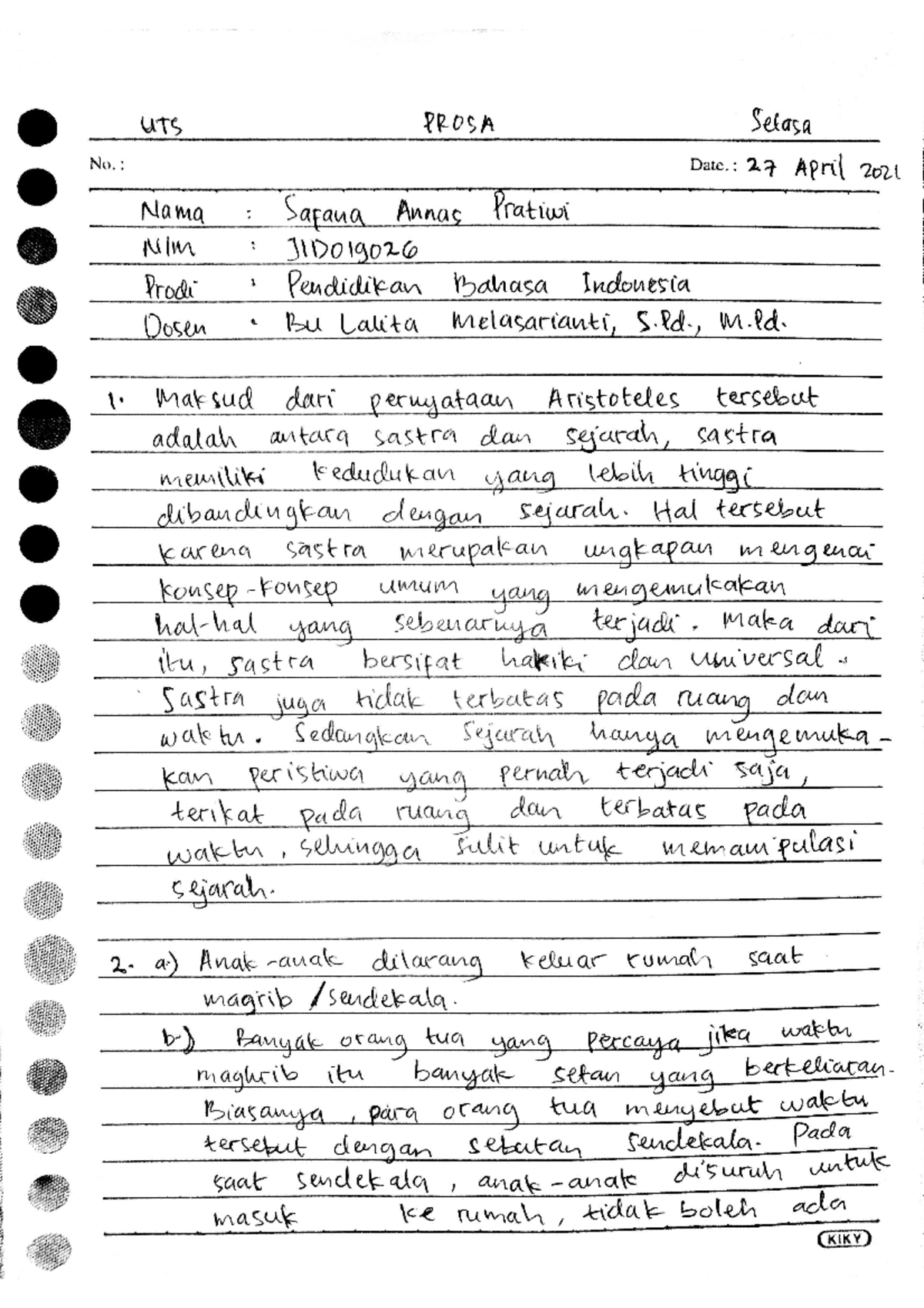 UTS Prosa Safana AP J1D019026 - Pendidikan Bahasa dan Sastra Indonesia ...