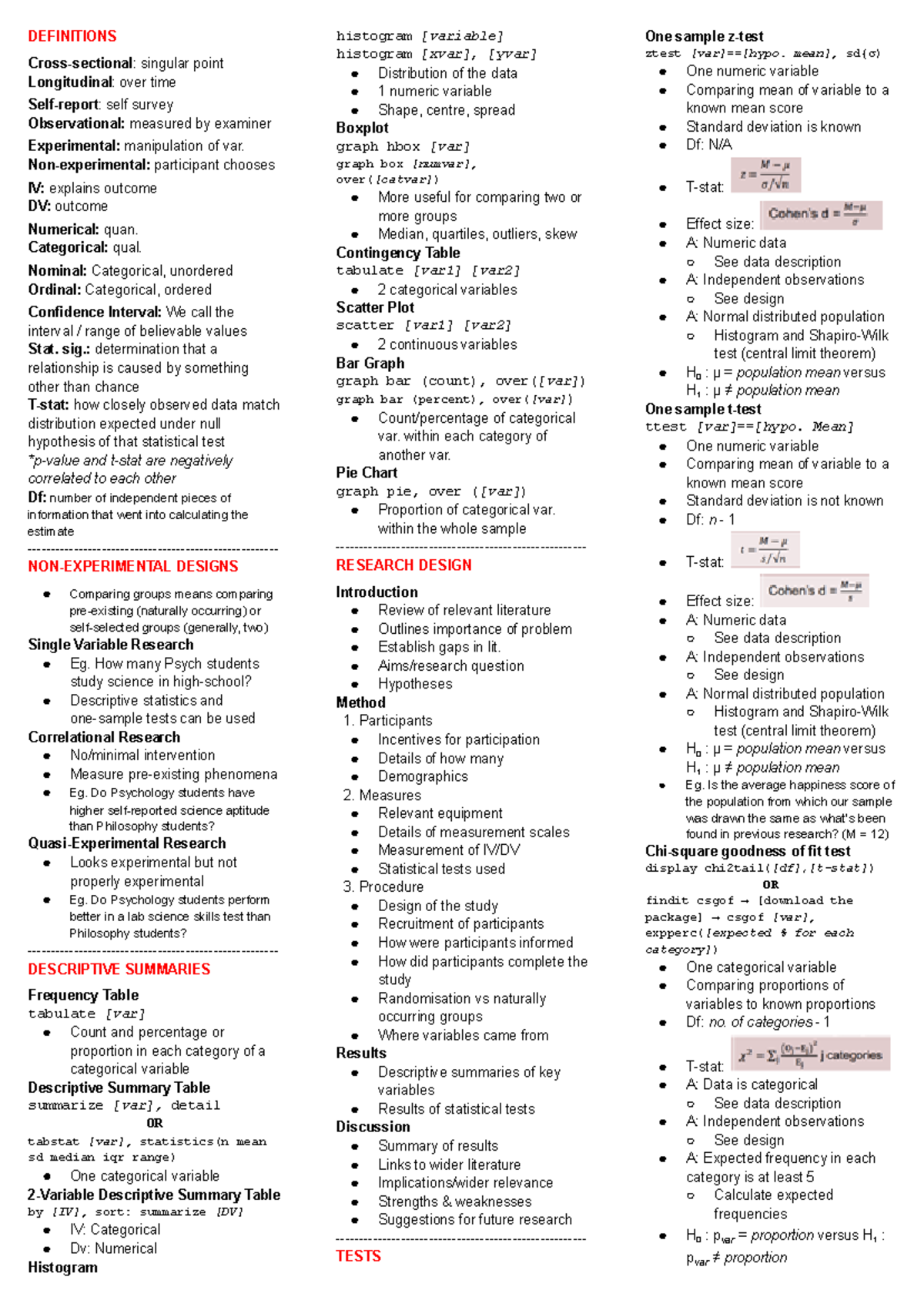 STAT1103 - Cheat Sheet - Google Docs - DEFINITIONS Cross-sectional: singular point Longitudinal ...