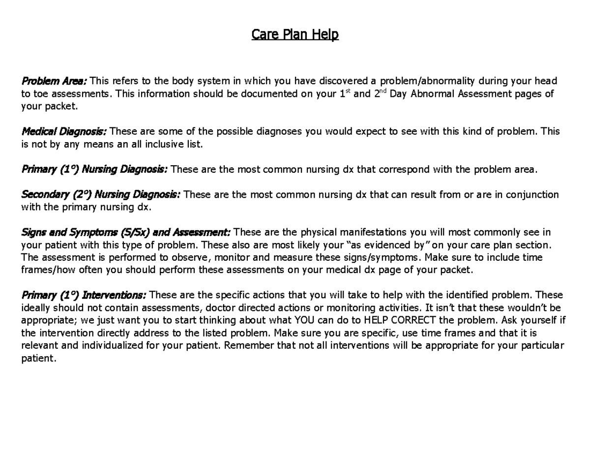 Care plan help - care plan help - Care Plan Help Problem Area: This ...