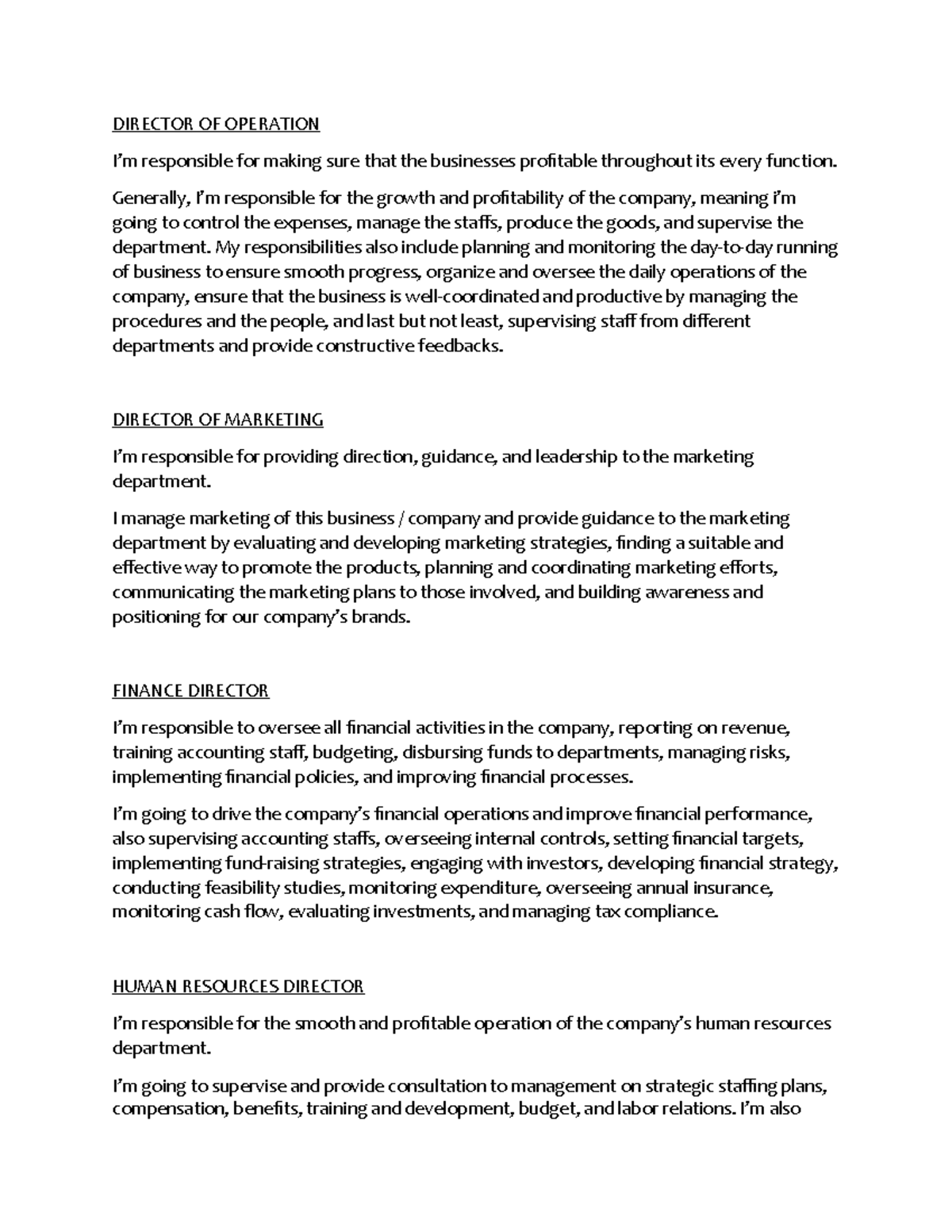 Job desc - This was an assignment about the job description of each ...