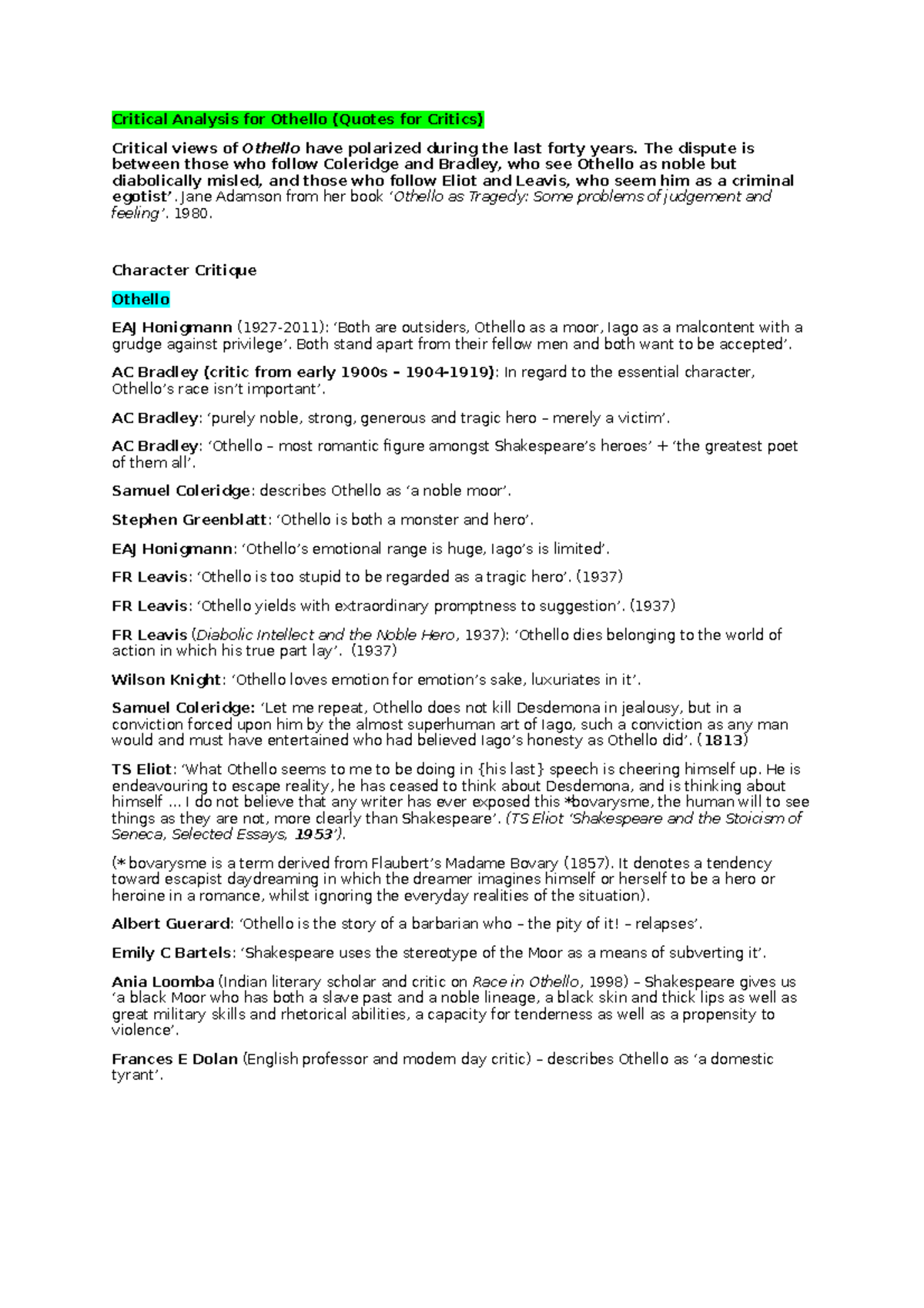 Critics Quotes FOR Othello - Critical Analysis for Othello (Quotes for ...