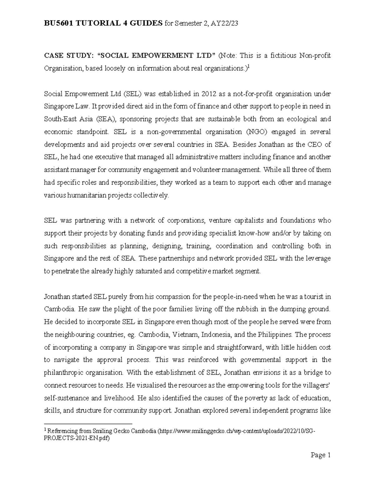 BU5601 - Tutorial 4 - CASE STUDY: “SOCIAL EMPOWERMENT LTD” (Note: This is a fictitious Non ...