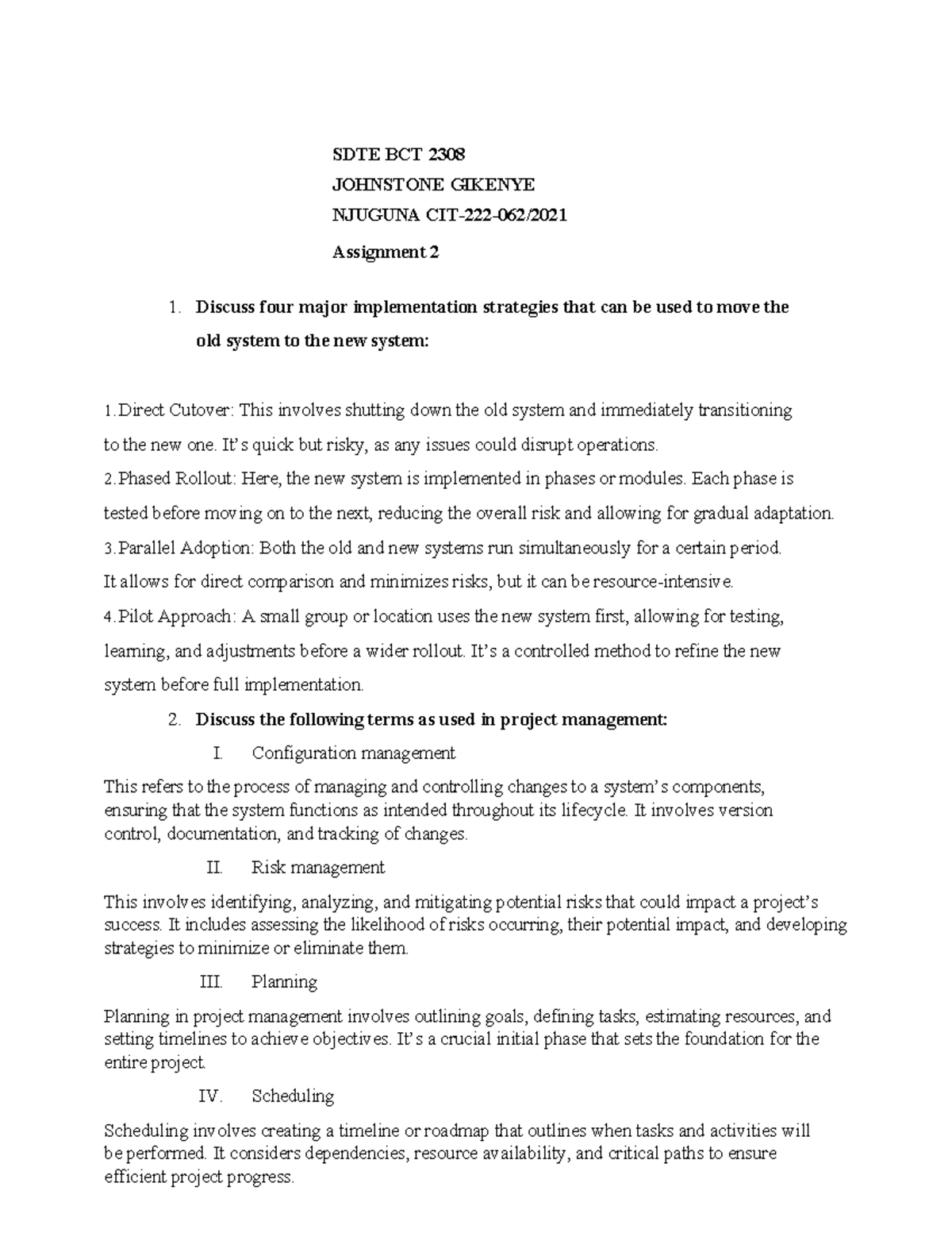 SDTE assignment 2 - SDTE BCT 2308 JOHNSTONE GIKENYE NJUGUNA CIT-222-062/ Assignment 2 Discuss ...