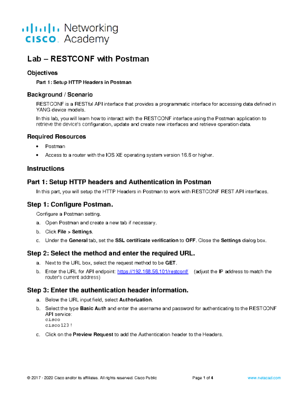24 Lab Restconf With Postman Objectives Part 1 Setup Headers In Postman Background 