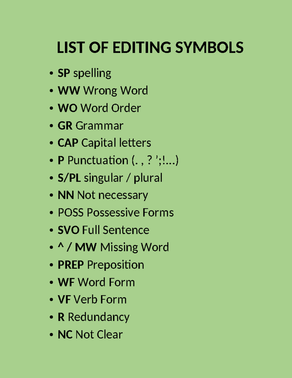 LIST OF Editing Symbols BS - Inglés Básico - LIST OF EDITING SYMBOLS ...