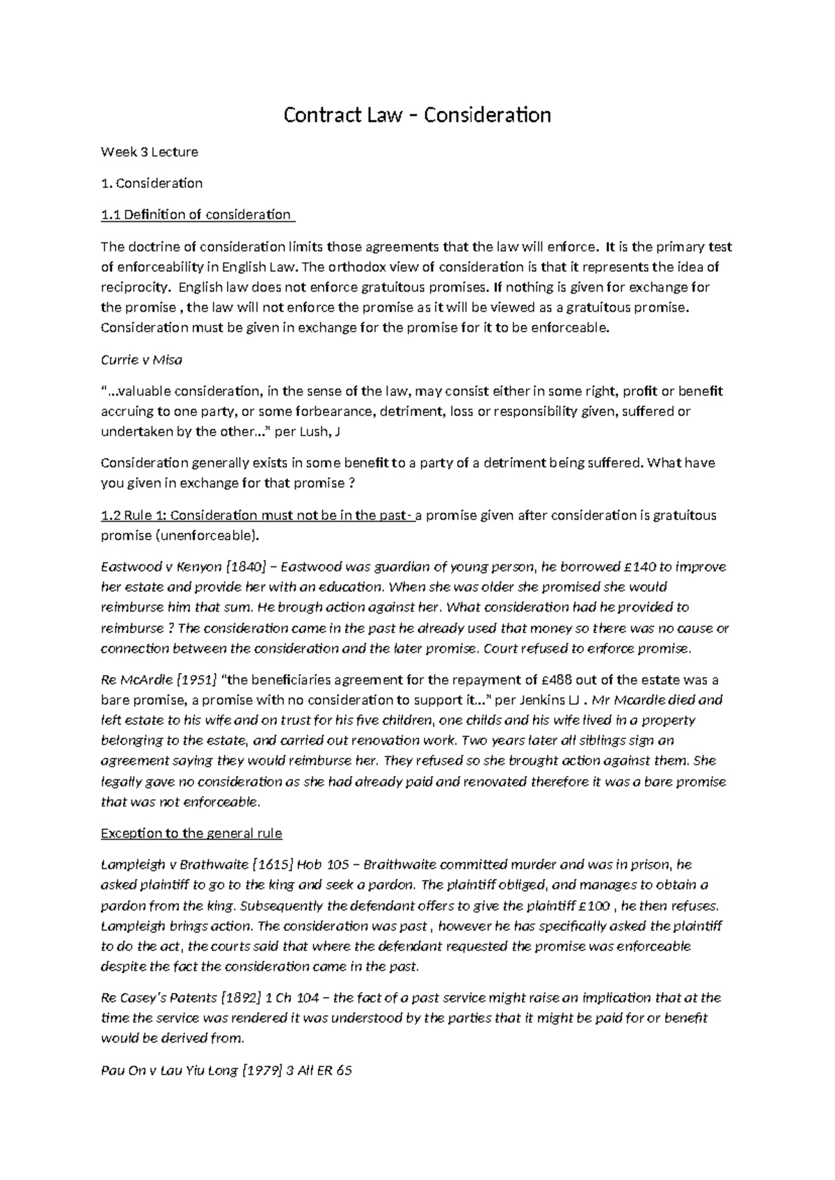 Contract Law Consideration - Contract Law – Consideration Week 3 ...