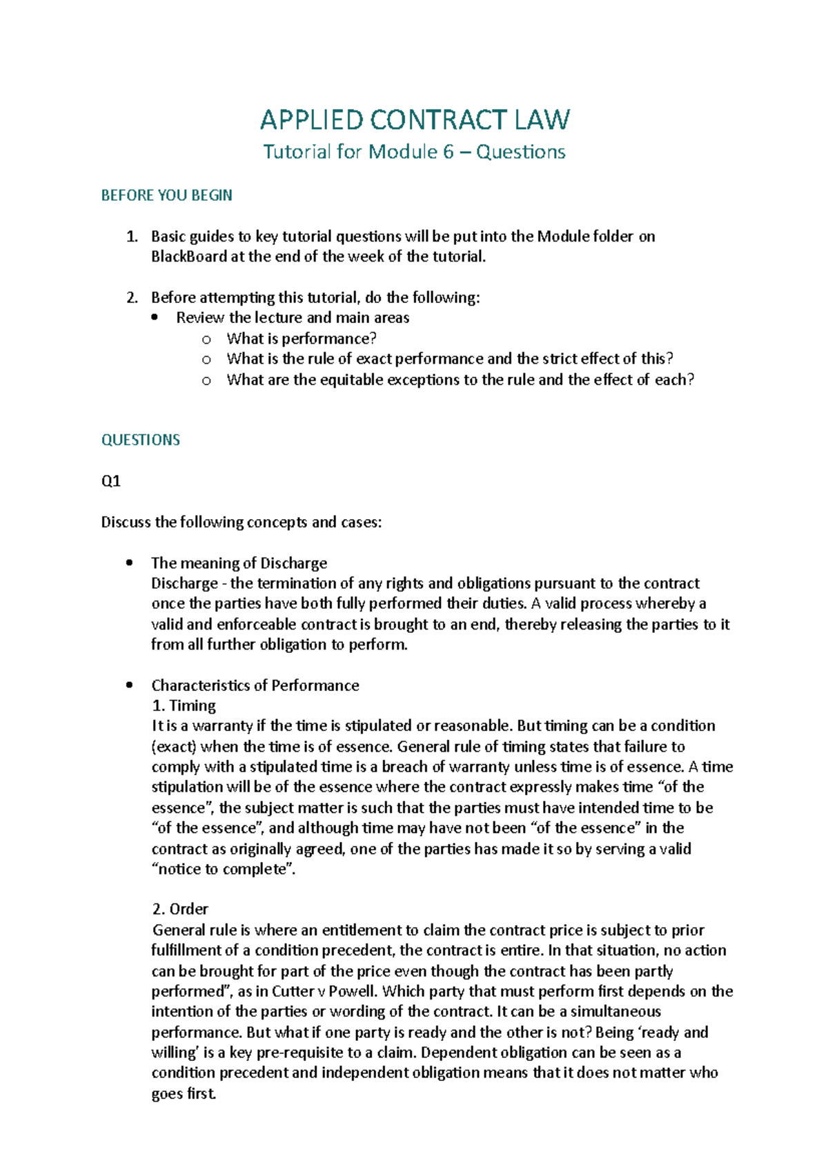 Module 6 - Tutorial Questions - APPLIED CONTRACT LAW Tutorial for ...