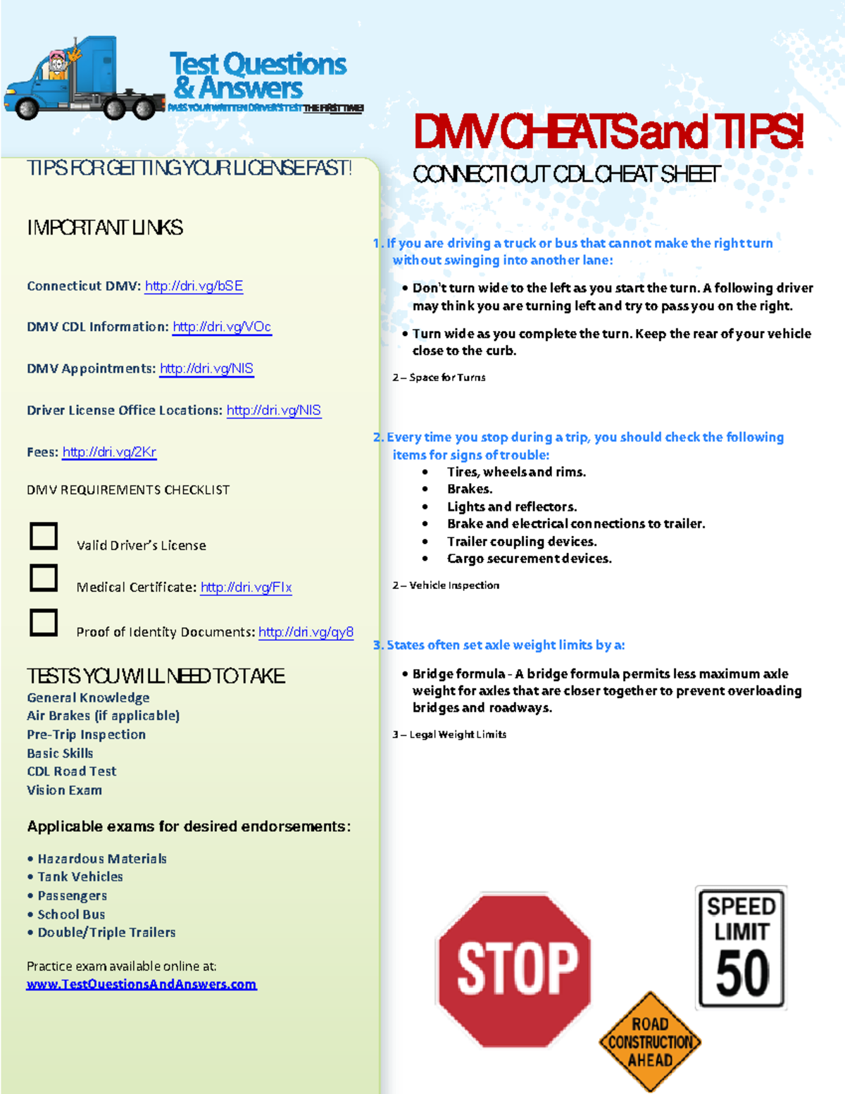 Ct cdl1 - Very successful - CONNECTICUT CDL CHEAT SHEET ####### 1. If ...