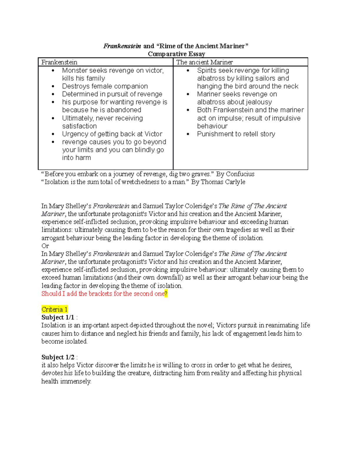 Frankenstein and ancient mariner brainstor compare - Frankenstein and ...