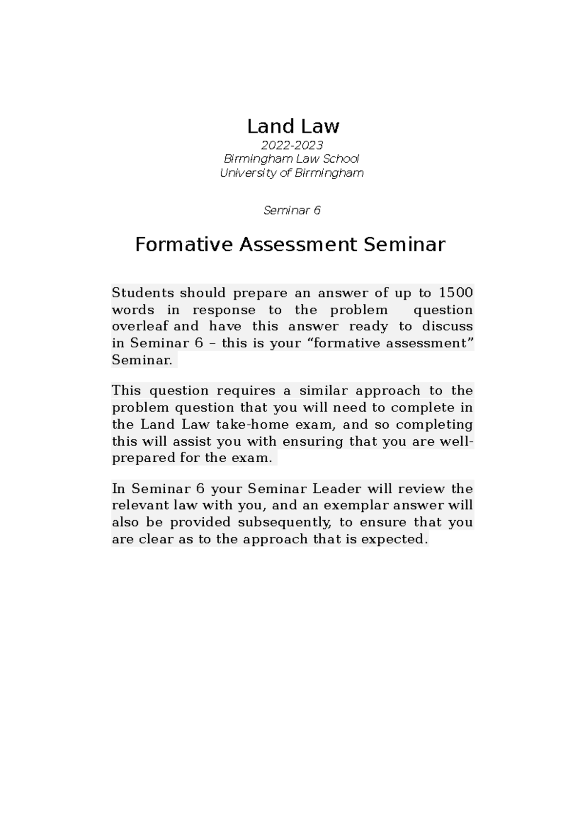 Seminar 6 - land law problem question - Land Law 2022- Birmingham Law ...