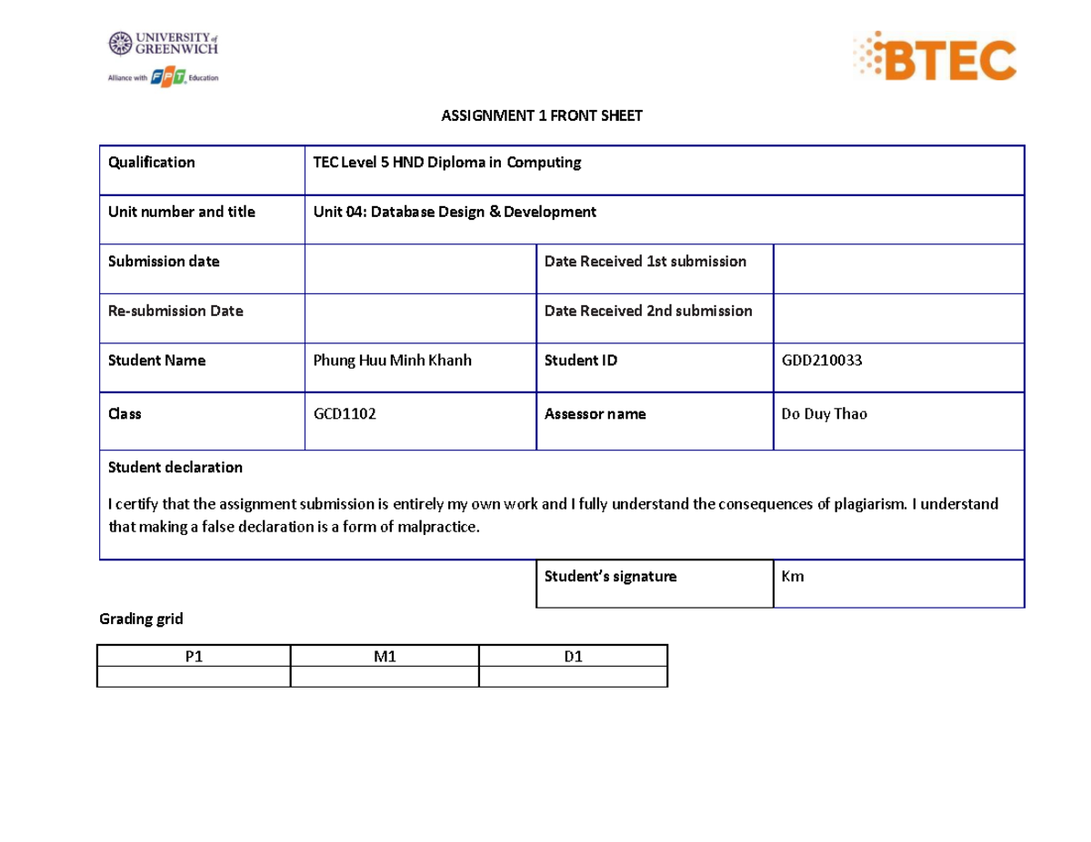 GCD1102 ASM1 Phung Huu Minh Khanh GDD210033 - ASSIGNMENT 1 FRONT SHEET Qualification TEC Level 5 ...