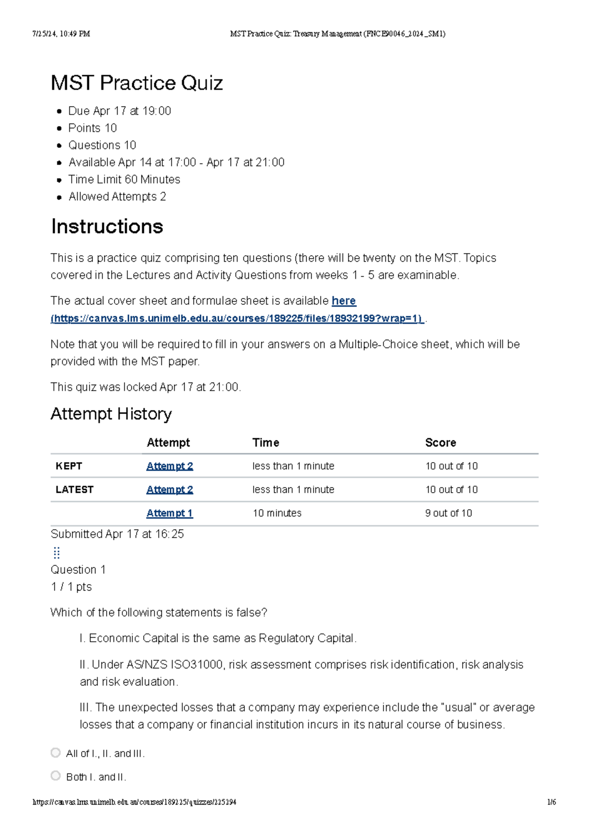 MST Practice Quiz Treasury Management (FNCE90046 2024 SM1) - MST Practice Quiz Due Apr 17 at 19 ...