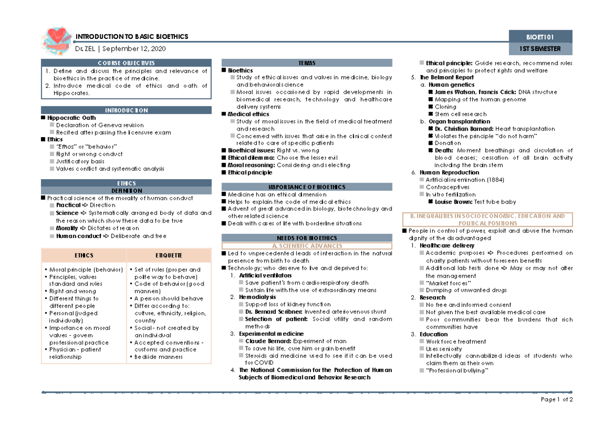 Introduction to Basic Bioethics - 1ST SEMESTER INTRODUCTION TO BASIC ...