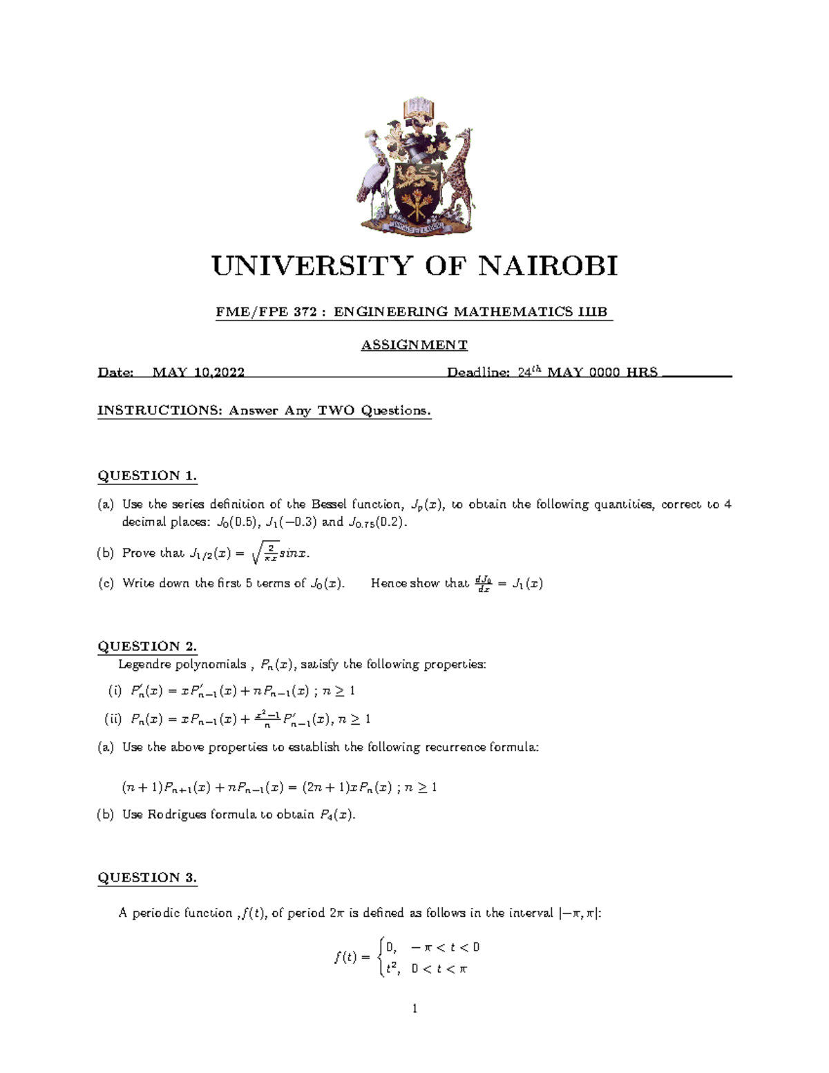 Assignment - UNIVERSITY OF NAIROBI FME/FPE 372 : ENGINEERING ...